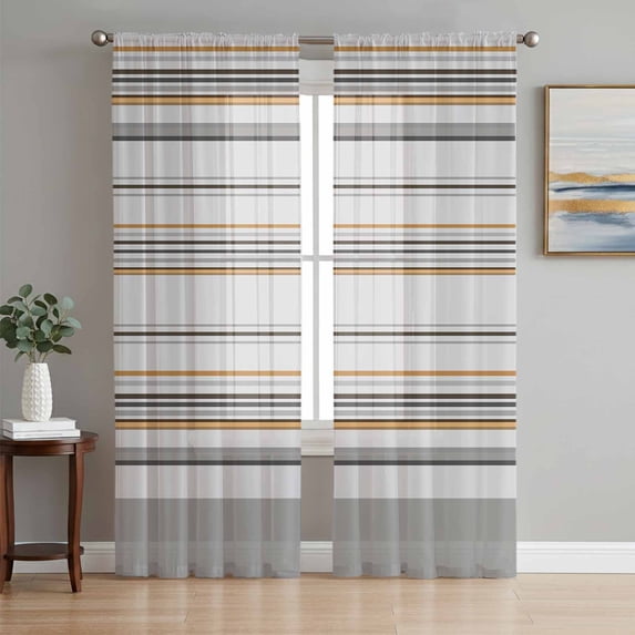 Grey Orange Thin Line Sheer Curtains 63 Inch Length 2 Panels Set ...