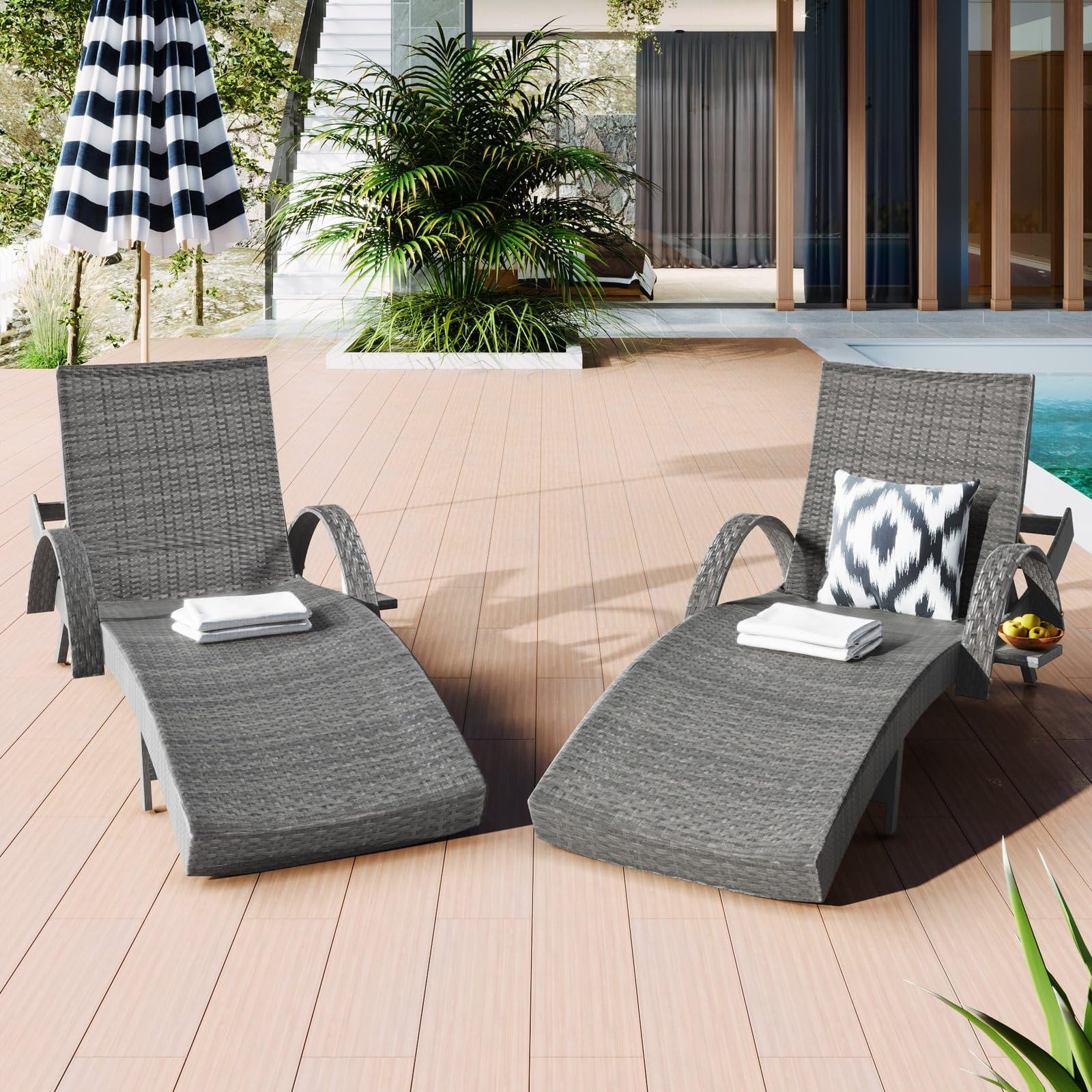 Grey Outdoor Chaise Lounge Set of 2, Wicker Reclining Patio Chairs with ...