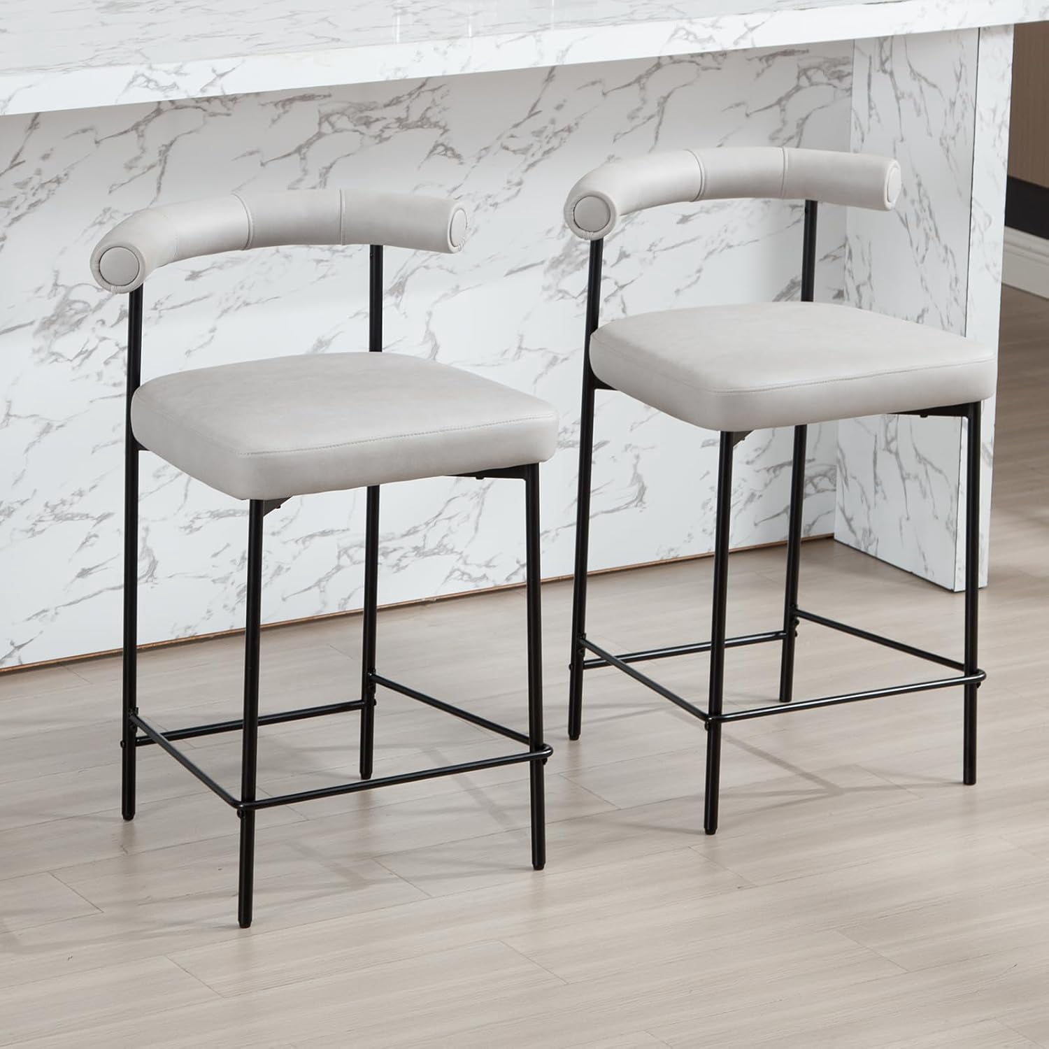 Grey PU Curved Back Counter Stools with Black Legs 26 Inch Counter ...
