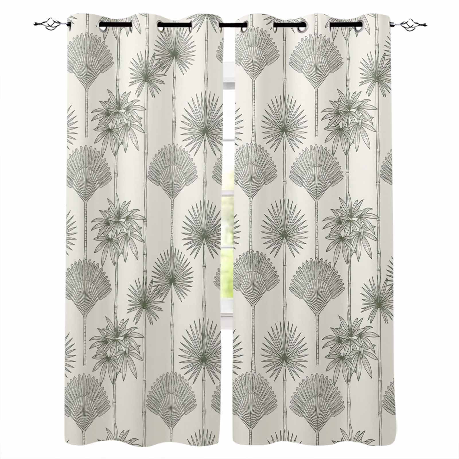 Grey Palm Leaf Kitchen Curtains Summer Tropical Plants Beige Cafe Short ...