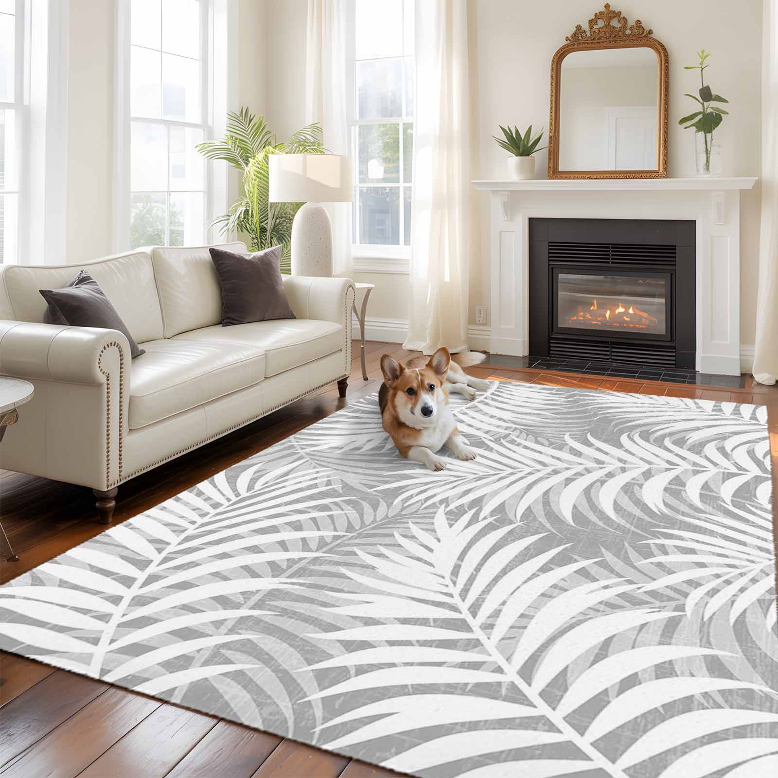 Grey Palm Leaf Washable Area Rug 6x9 Country Coastal Tropical Boho ...
