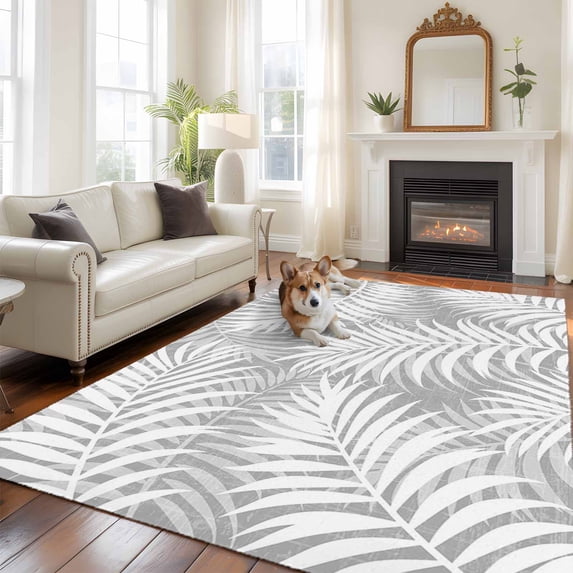 Grey Palm Leaf Washable Area Rug 6x9 Country Coastal Tropical Boho ...