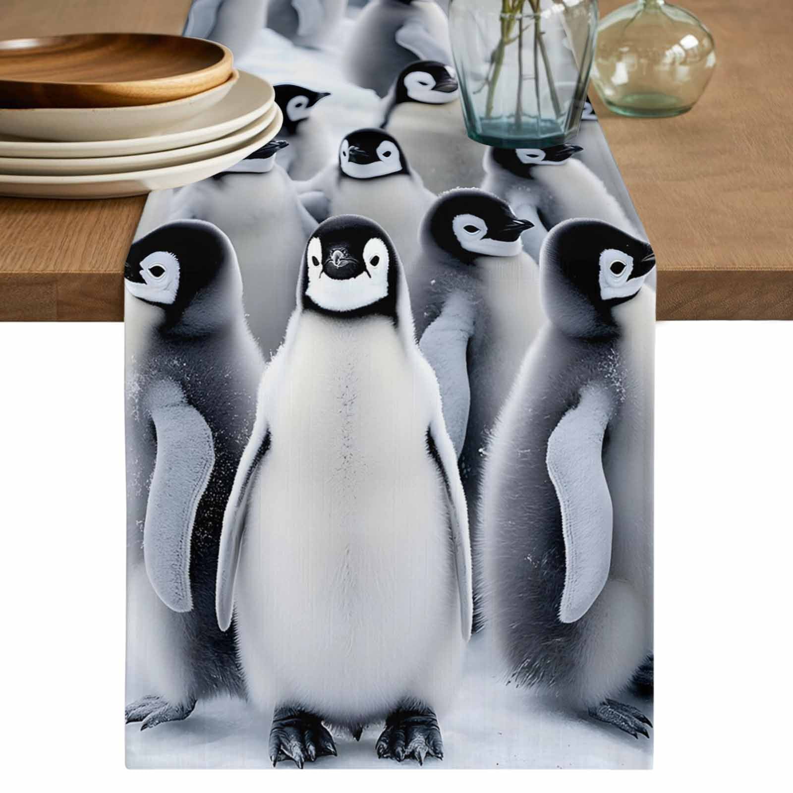 Grey Penguins Table Runner 60 Inches, Winter Animals Vintage Gray Bed ...