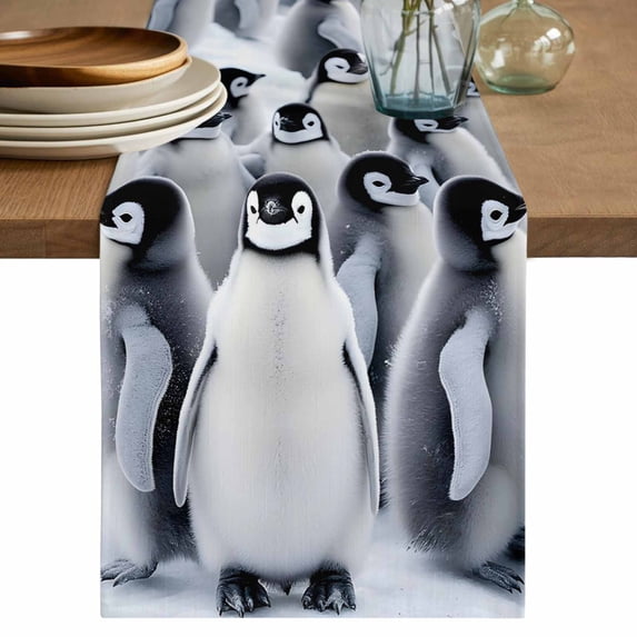 Grey Penguins Table Runner 60 Inches, Winter Animals Vintage Gray Bed ...