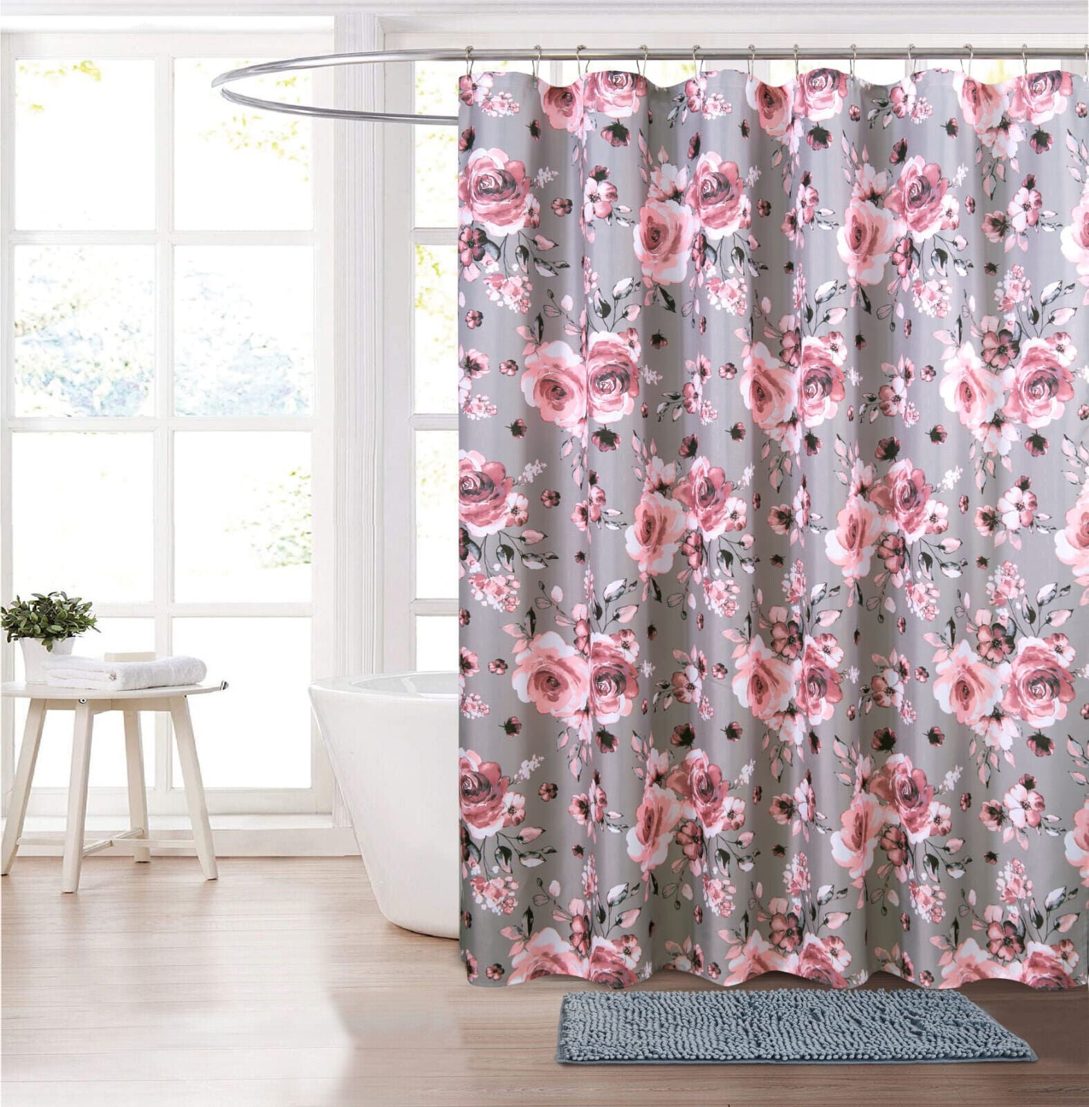 Grey Pink Floral Roses Bathroom Set Chenille Soft Plush Bath Mat With ...
