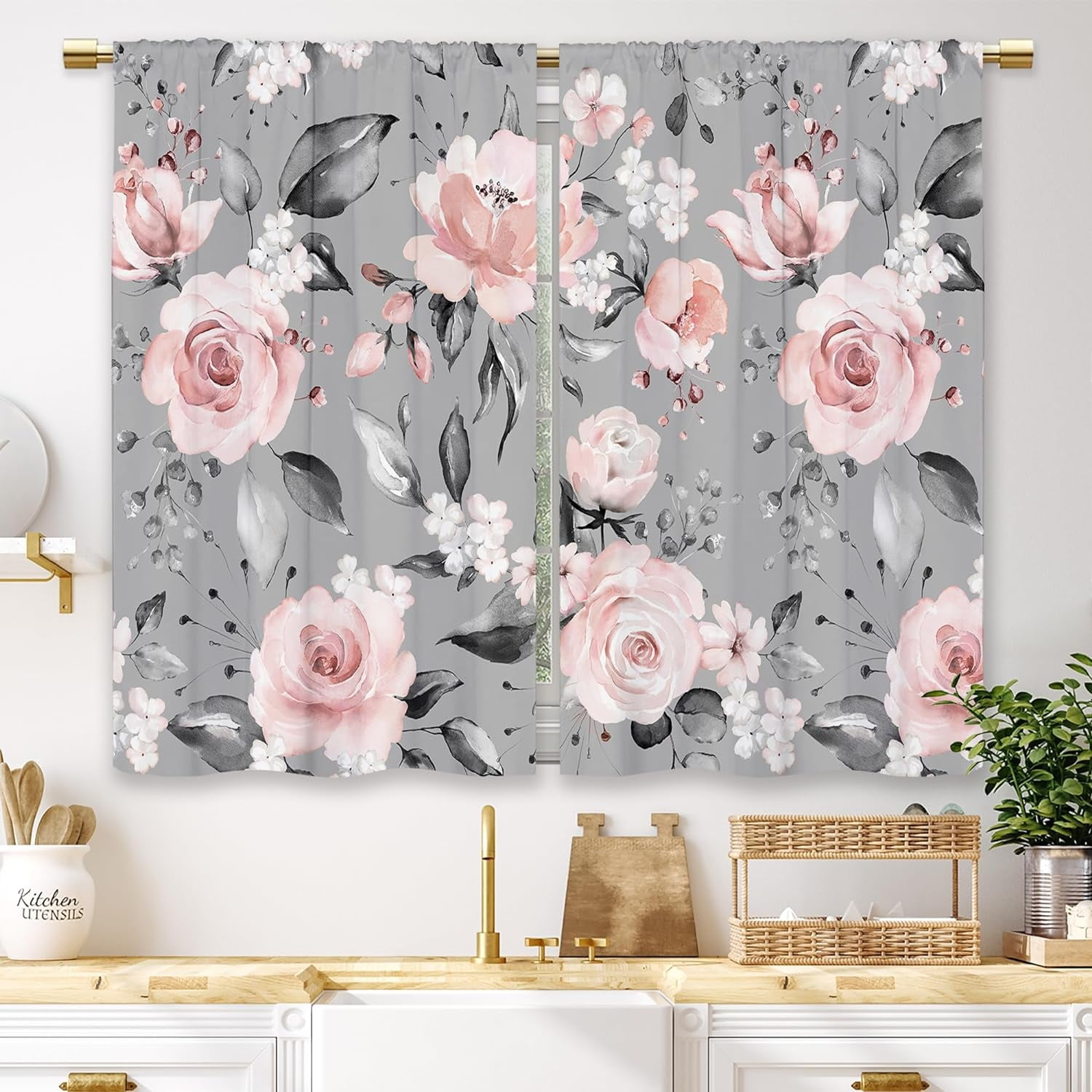 Grey Pink Rose Kitchen Curtains Flower Spring Floral Small Short Cafe ...