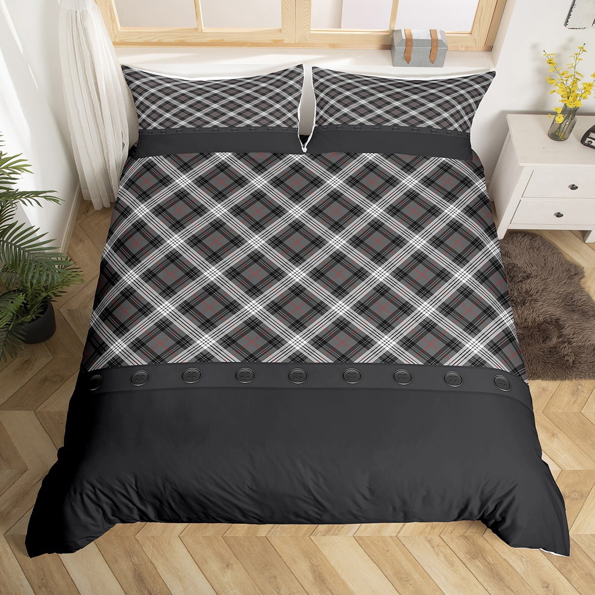 Grey Plaid Duvet Covers King,Grey Printed and Spliced Plaid Herringbone ...