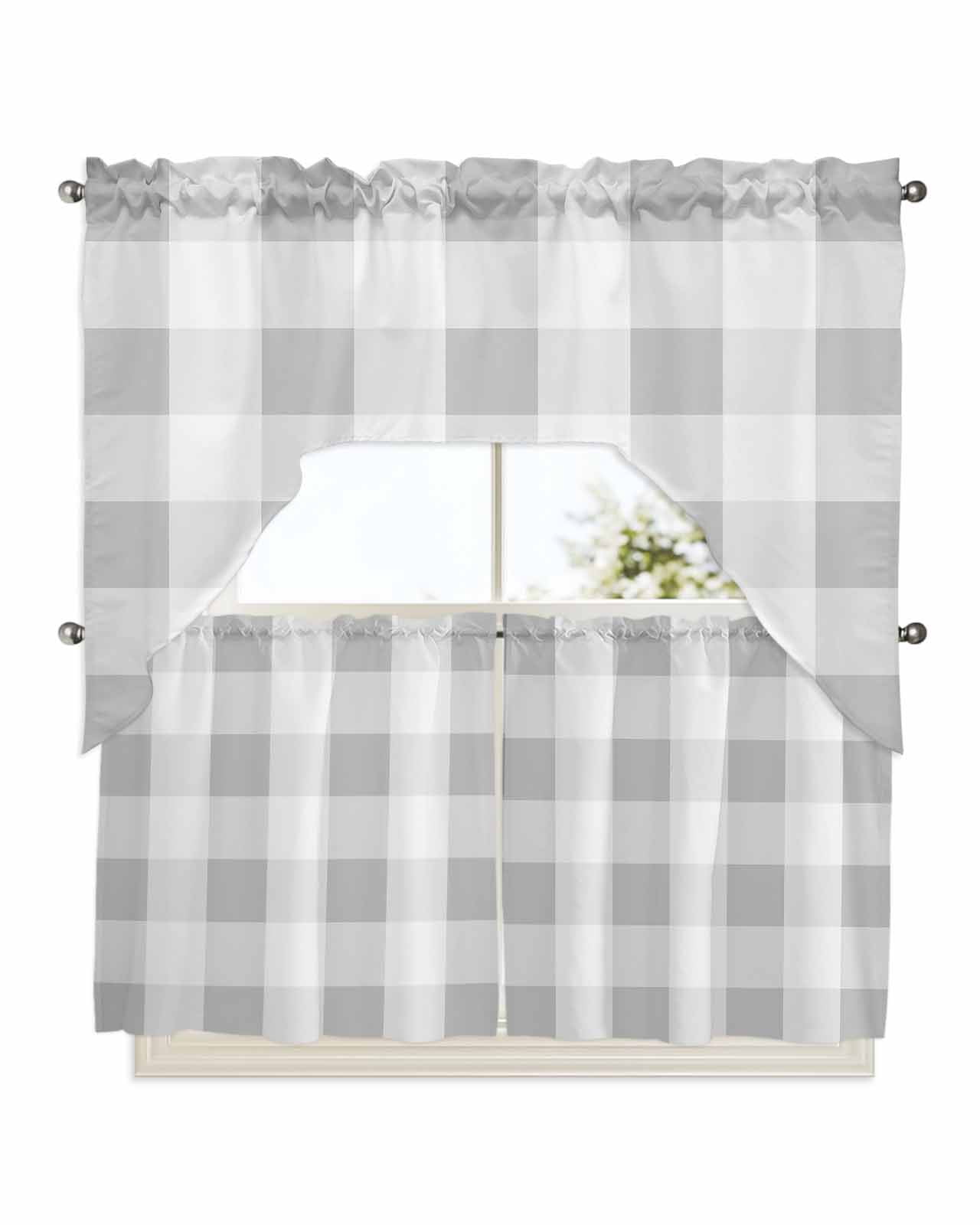 Grey Plaid Kitchen Curtains Swag Valance and Tier Curtains Set 24 Inch ...