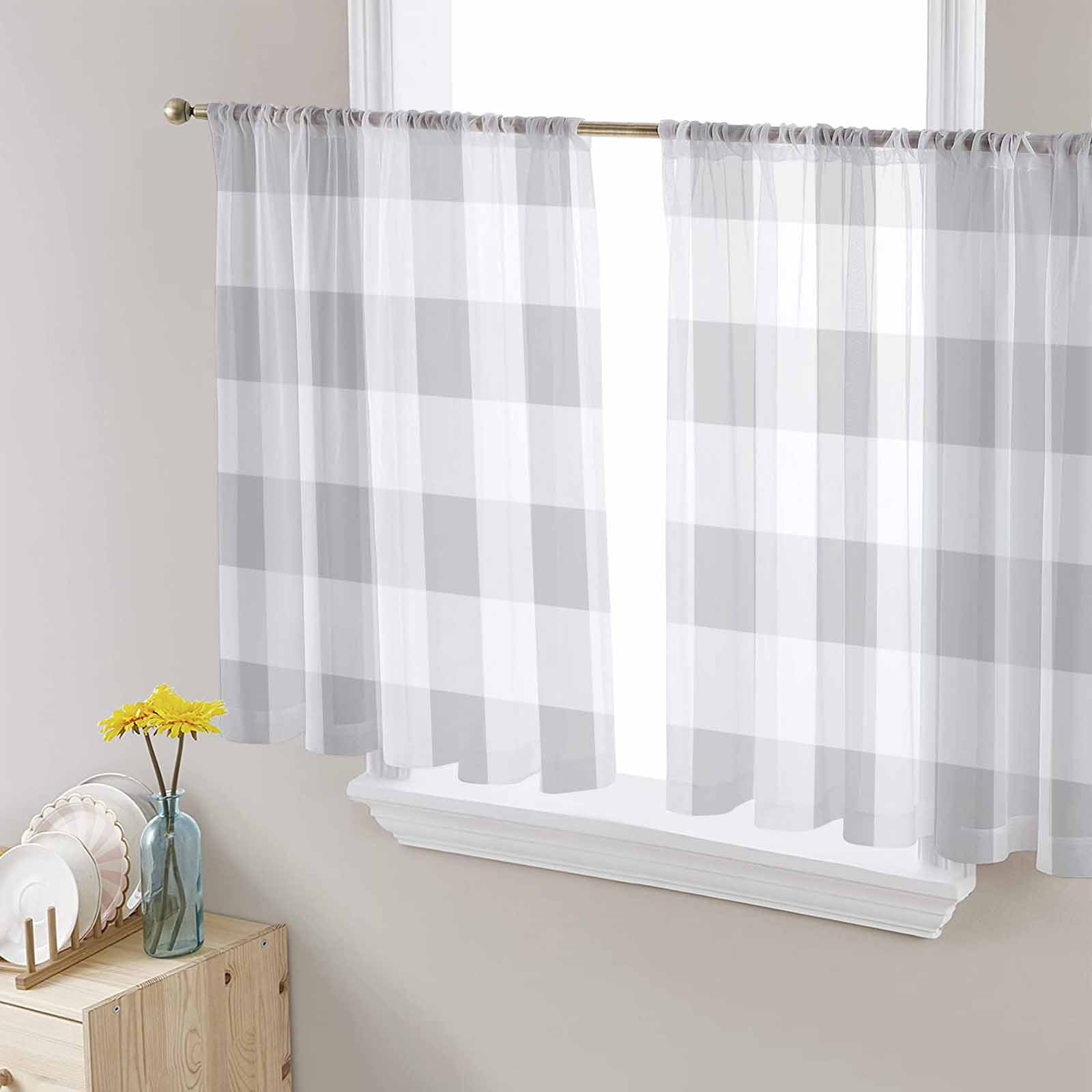 Grey Plaid Sheer Curtains 45 Inch Length 2 Panels Set for Living Room ...