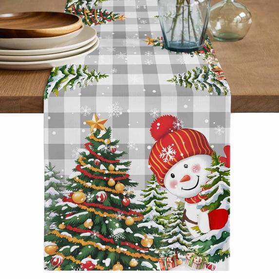 Grey Plaid Snowman Christmas Table Runner 120 Inches, Xmas Tree ...