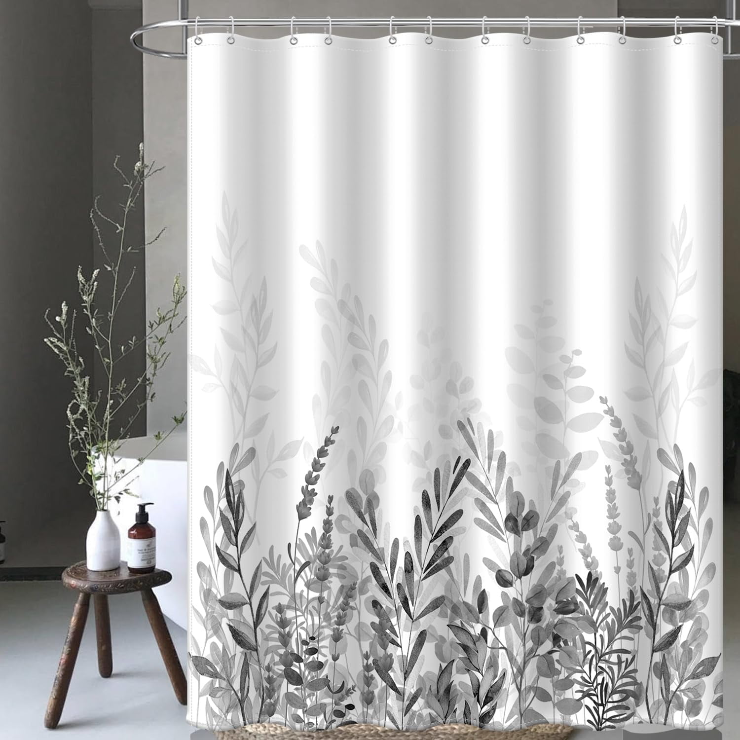 Grey Plant Leaf Shower Curtain, Extra Long 72" x 84" Spring Natural Botanical Eucalyptus Floral ...