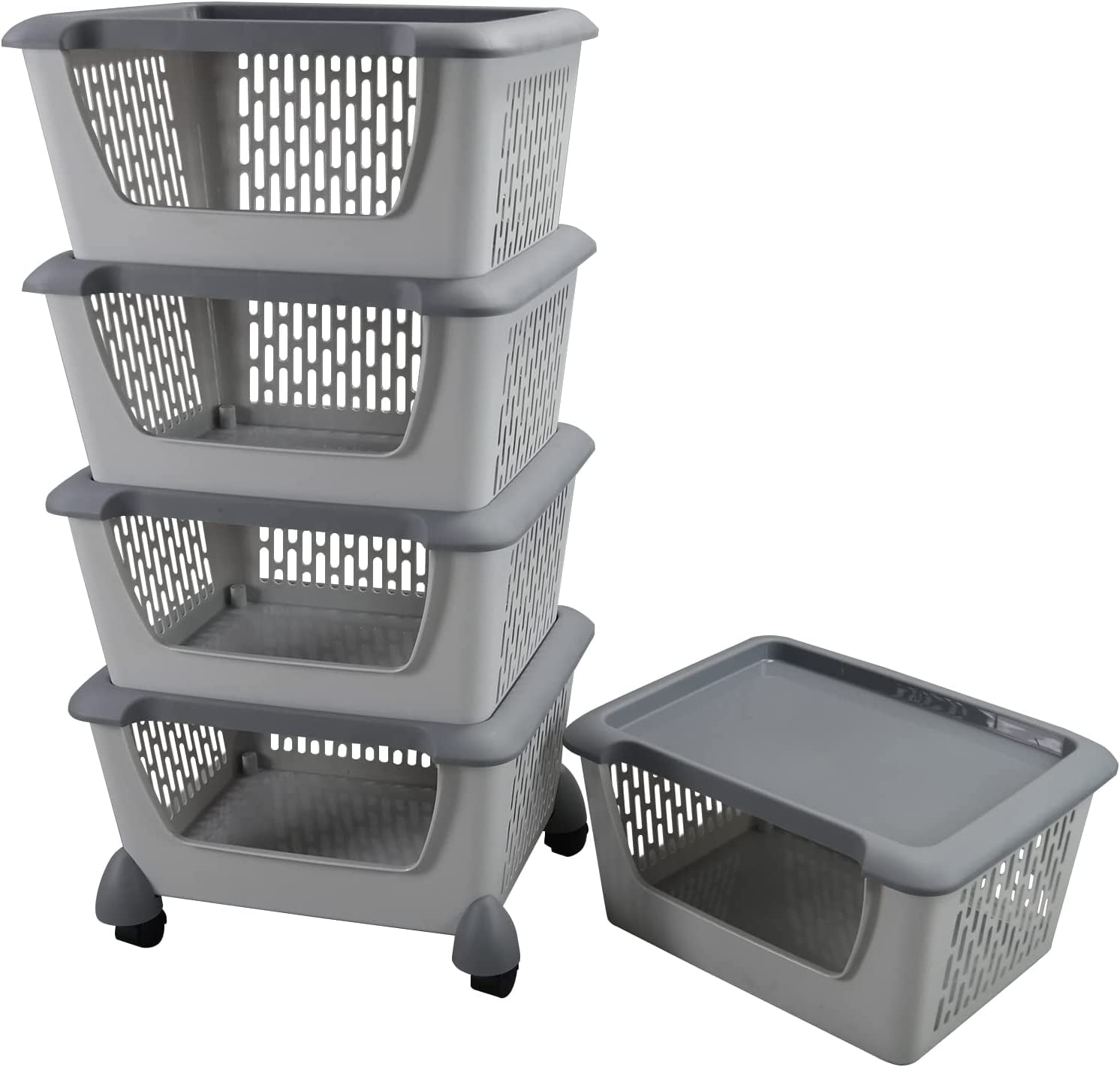 Grey Plastic Stacking Baskets, Large Stackable Storage Bins, 5 Packs ...