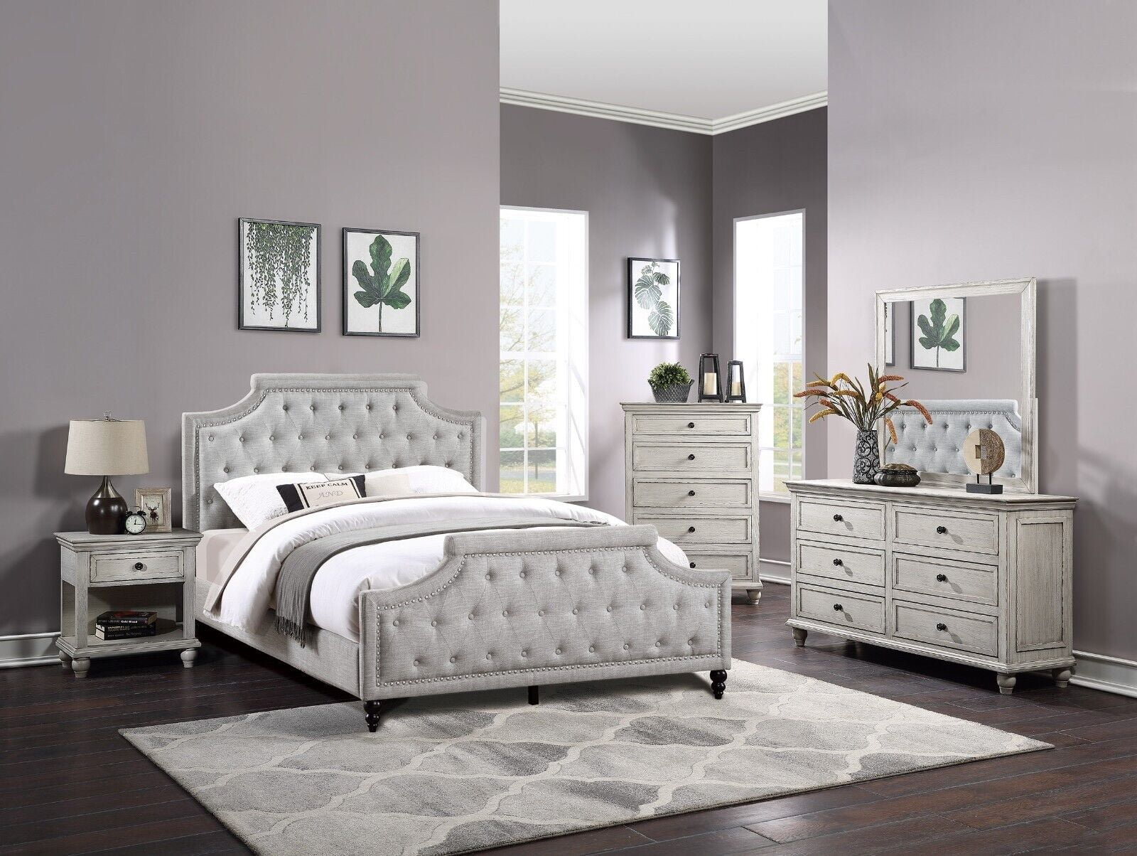 Grey Polyfiber Tufted Full Size Bed 4pc Set Dresser Mirror Nightstand ...