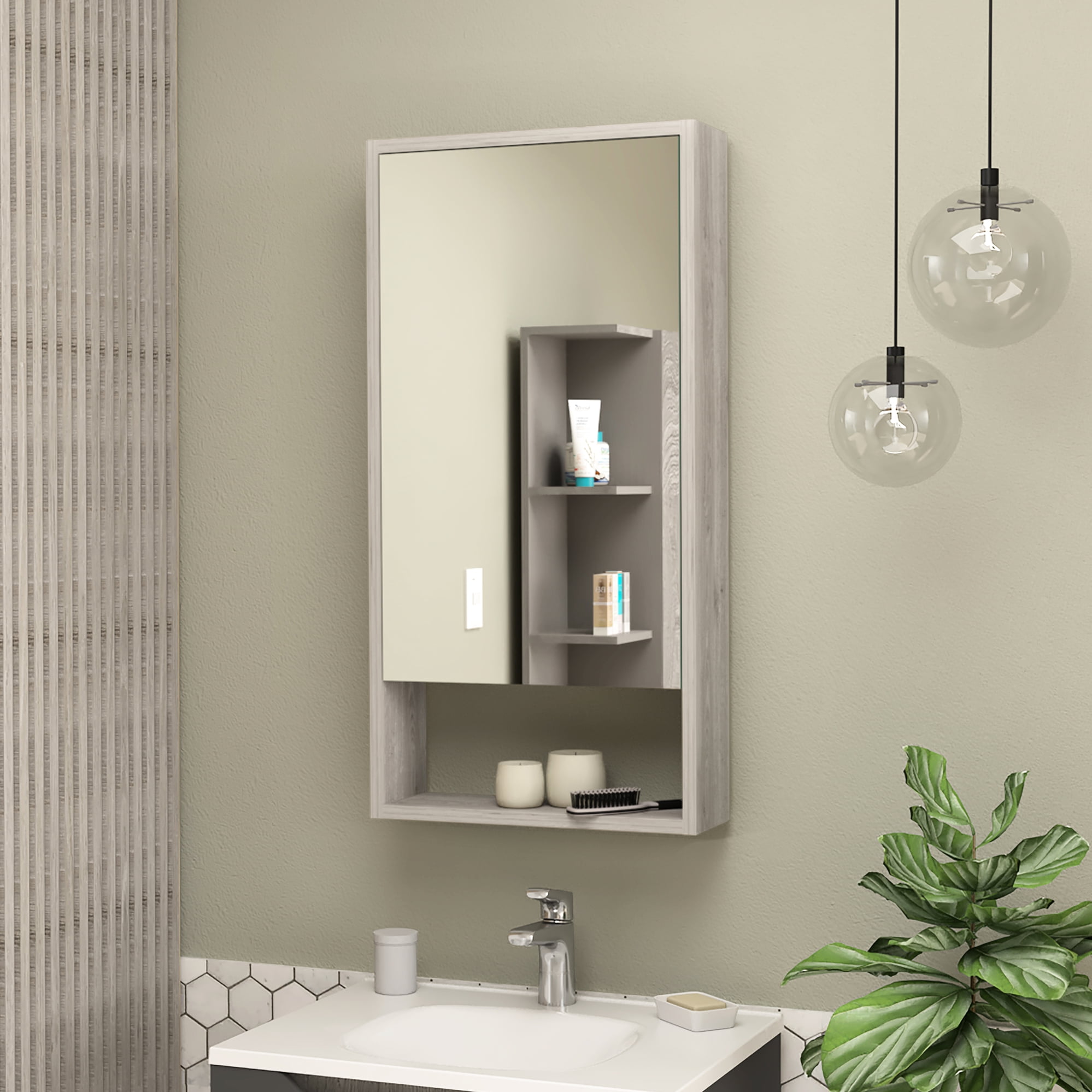 Grey Powder Room Cabinet With Mirror And Three Shelf Options - Adds ...