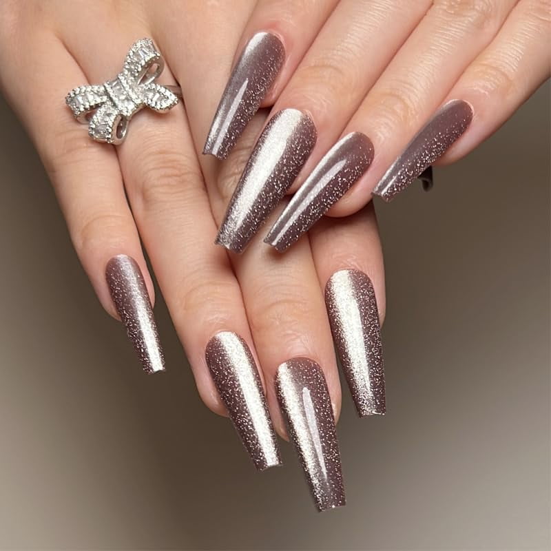 Grey Press on Nails Long Coffin Cat Eye Fake Nails with Glitter Design ...