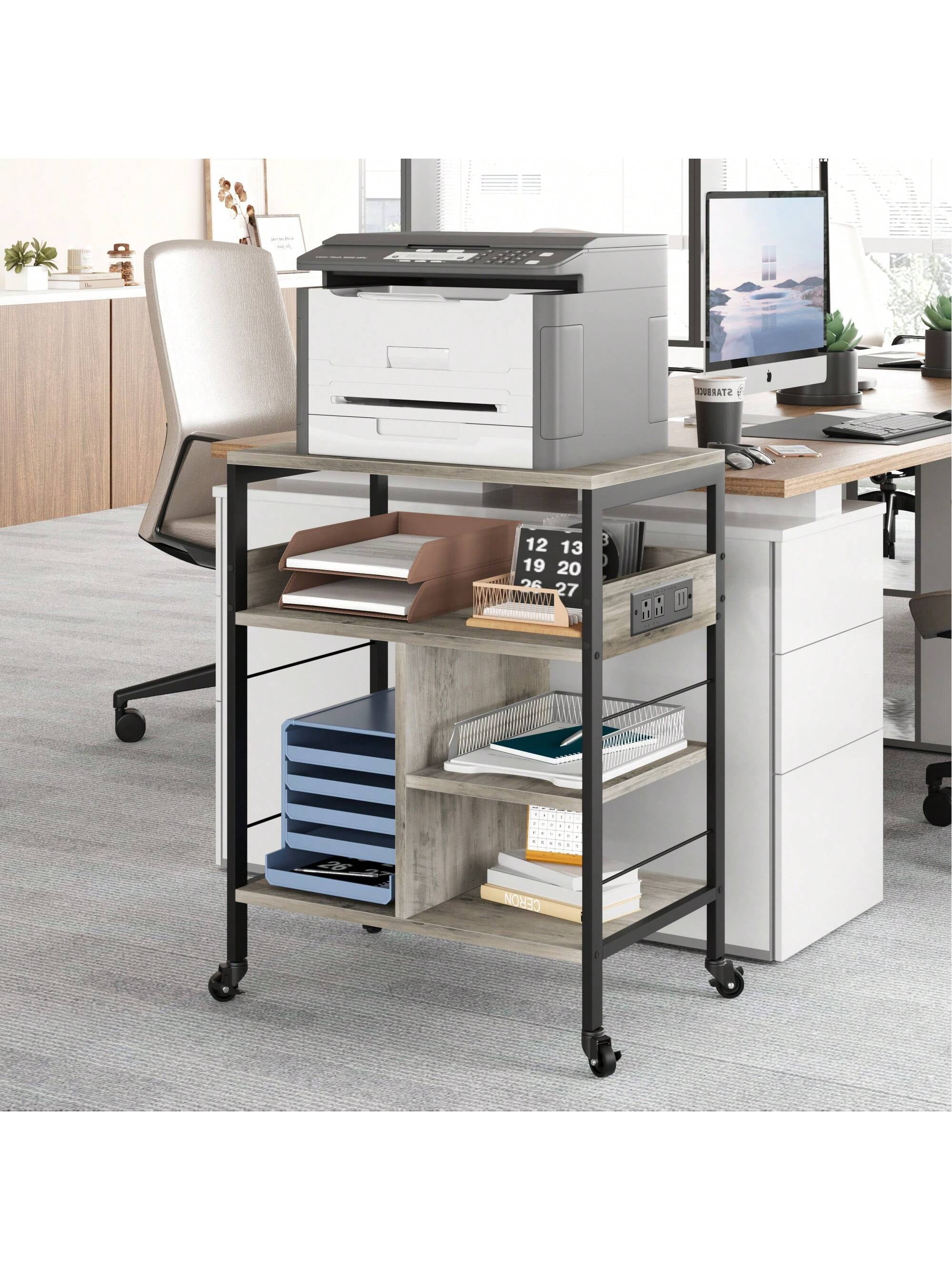 Grey Printer Stand, Large Printer Table With Power Outlets And USB ...