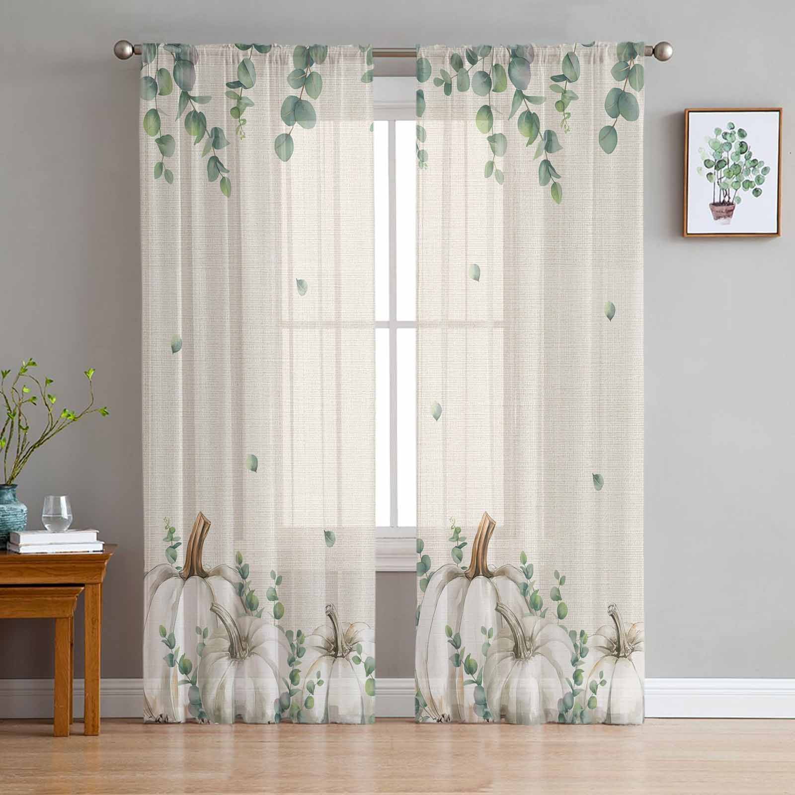 Grey Pumpkins Fall Sheer Curtains 72 Inches Long 2 Panels Set, Window ...