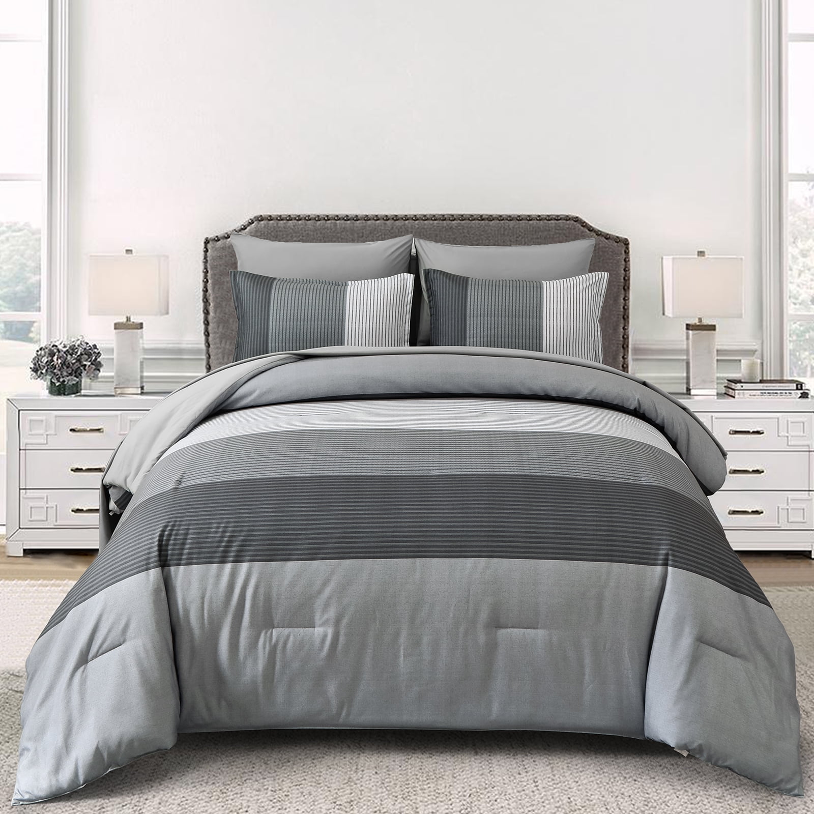 Grey Queen Size Comforter Set 7 Pieces Striped Patchwork Bed in a Bag ...