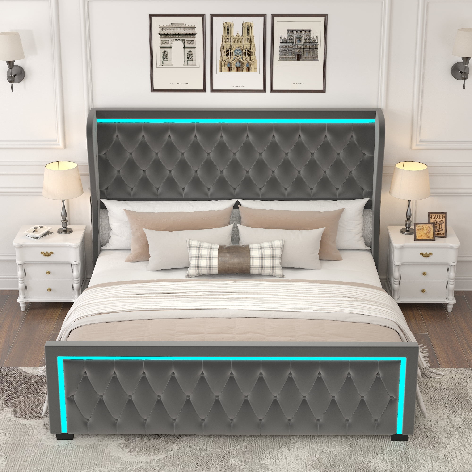 Grey Queen Platform Bed Frame with High Headboard, Velvet Upholstery, Deep Tufted Buttons ...