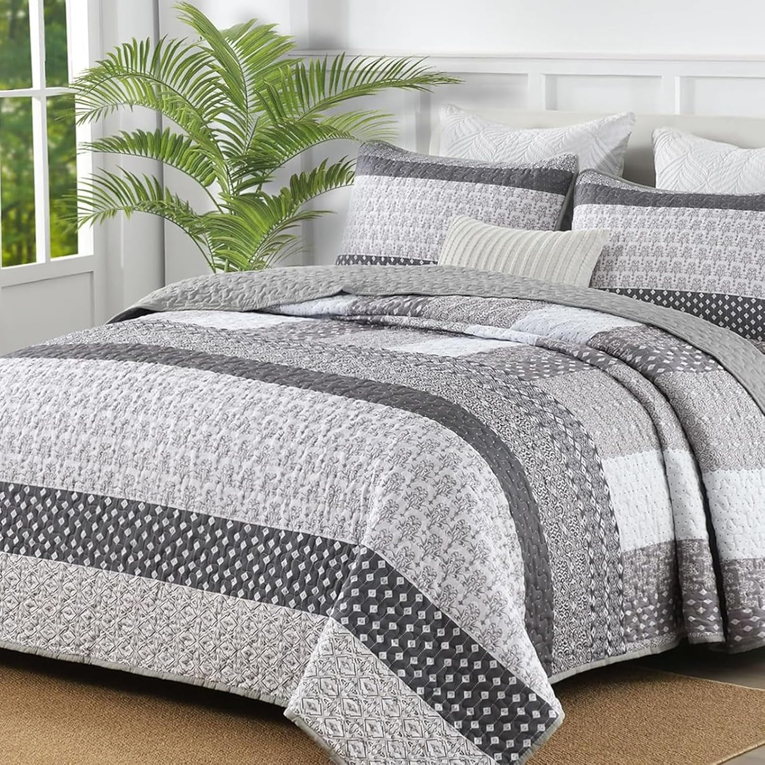 Grey Quilt Queen Size, Bohemian Stripe Quilt Sets 3 Pieces Gray Boho ...