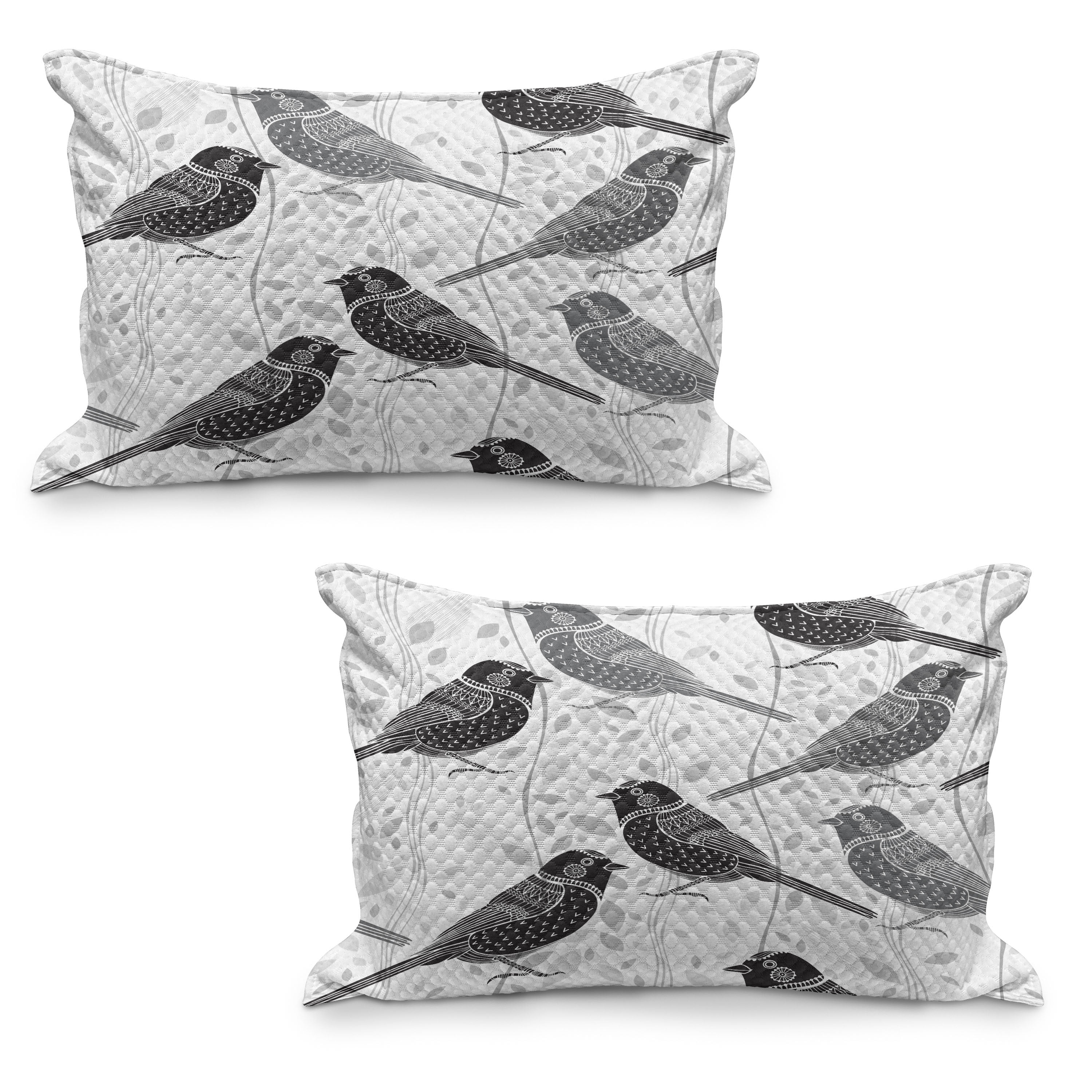 Grey Quilted Pillowcover Set of 2, Ornamental Birds on Trees Winged ...