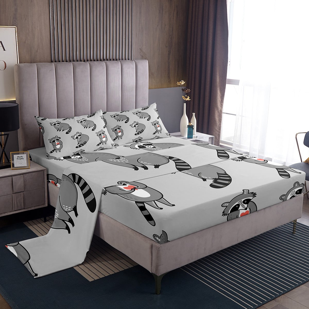 Grey Raccoon Queen Sheet Set for Boys Kids Child,Cute Wild Animals ...