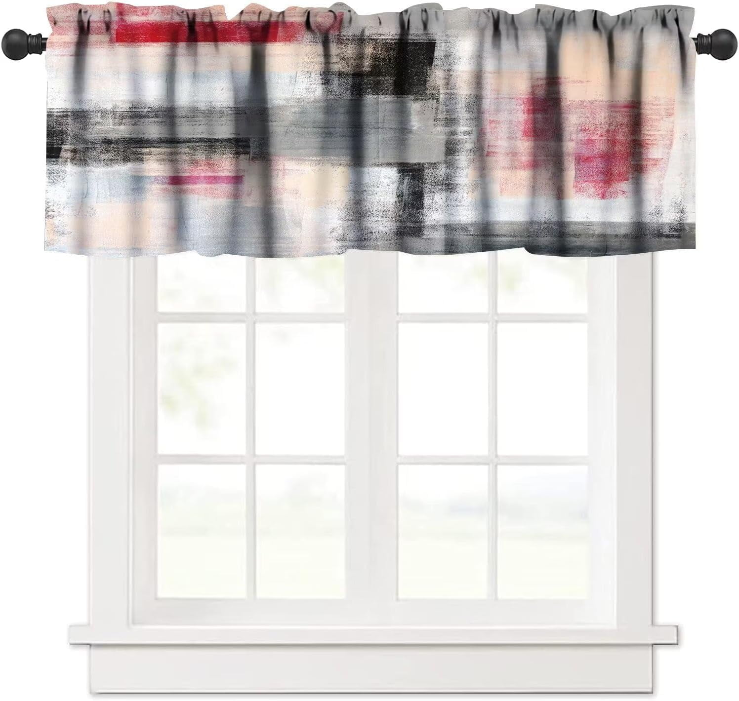 Grey and Red Valance Curtain Abstract Art Painting Print Rod Pocket ...