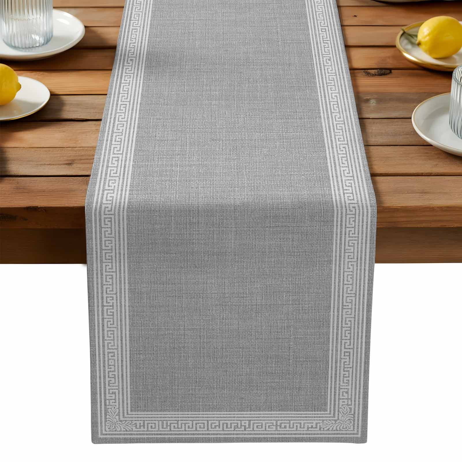 Grey Retro Greek Key Cotton Linen Table Runner for Dining Kitchen ...