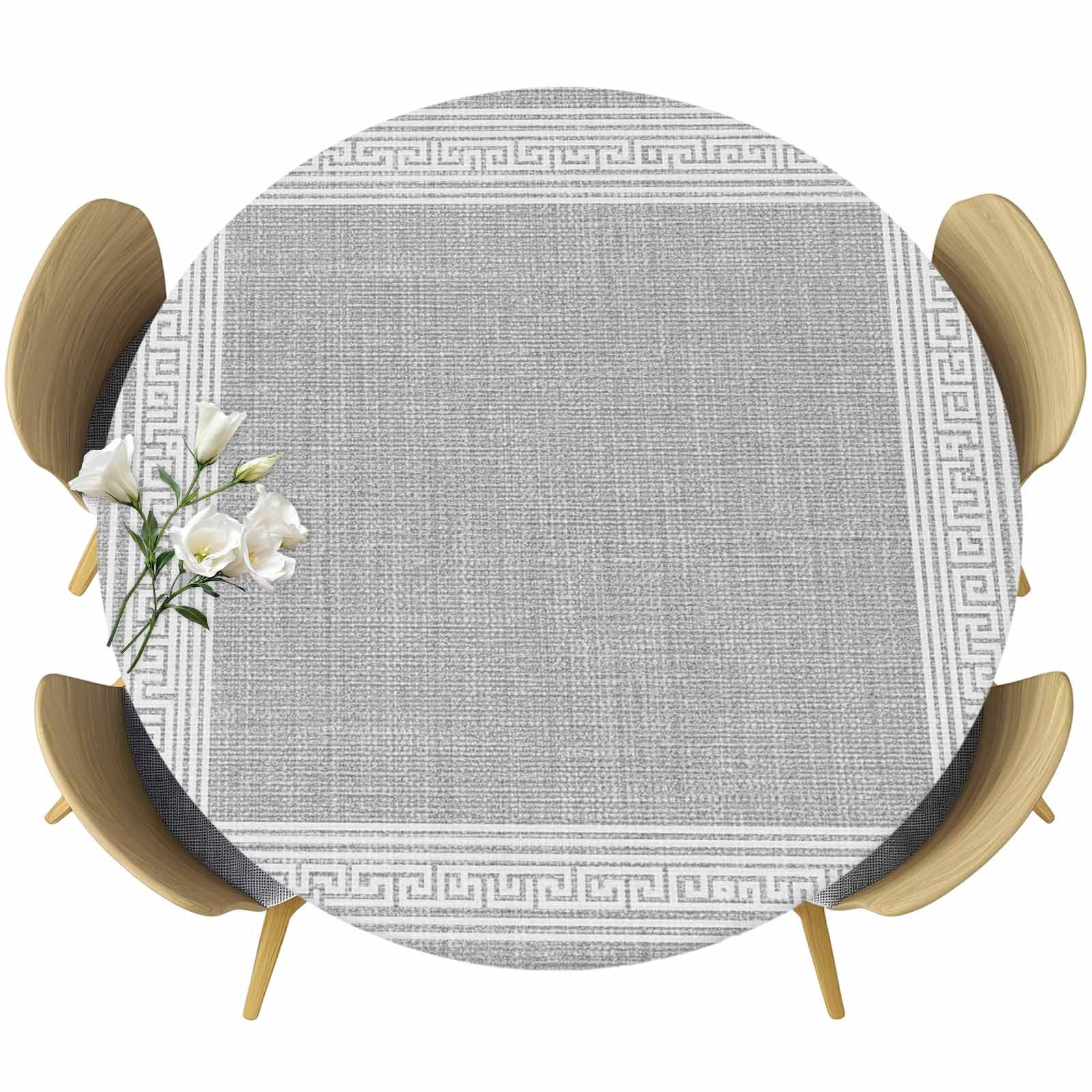 Grey Retro Greek Key Round Tablecloth, Fitted Table Cover with Elastic ...