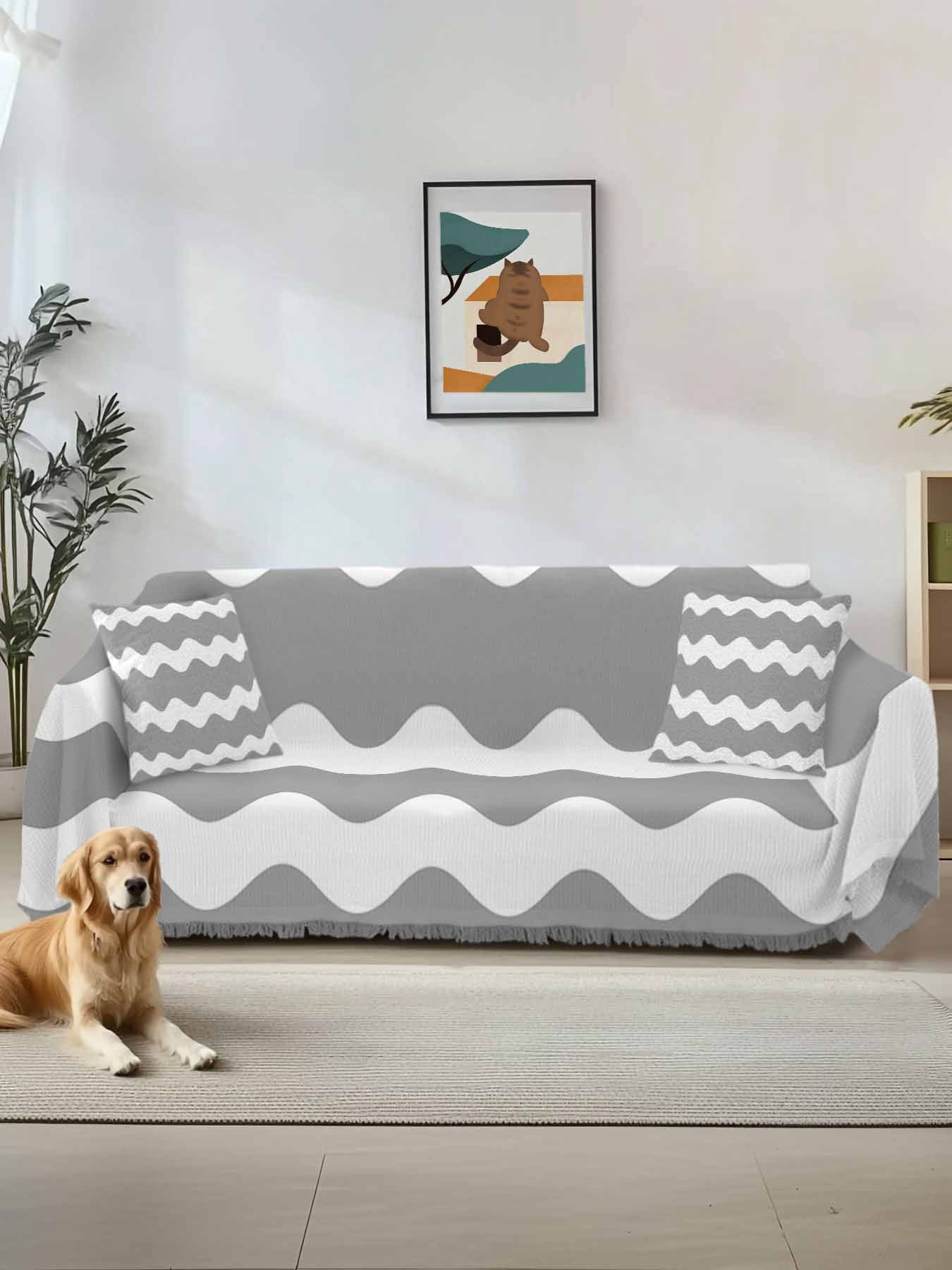 Grey Ripple Couch Cover for 2 Cushion Sofa, Simple Gray White Waves ...