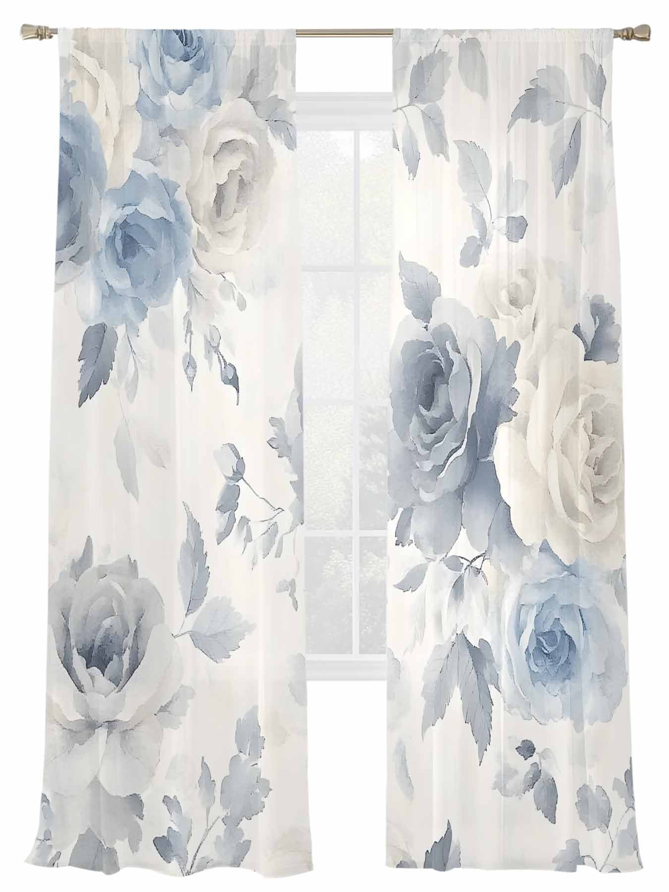 Grey Rose Sheer Curtains 2 Panels Set Country Retro Watercolor Gary ...
