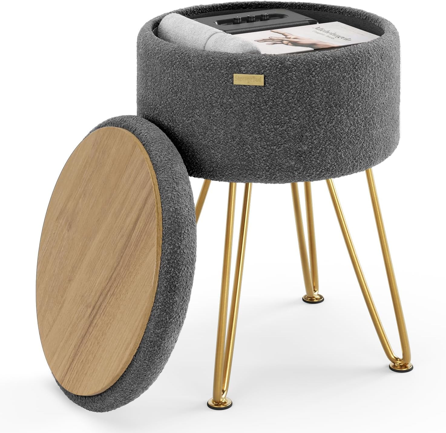 Grey Round Ottoman with Storage, Boucle Storage Ottoman, Foot Stool ...