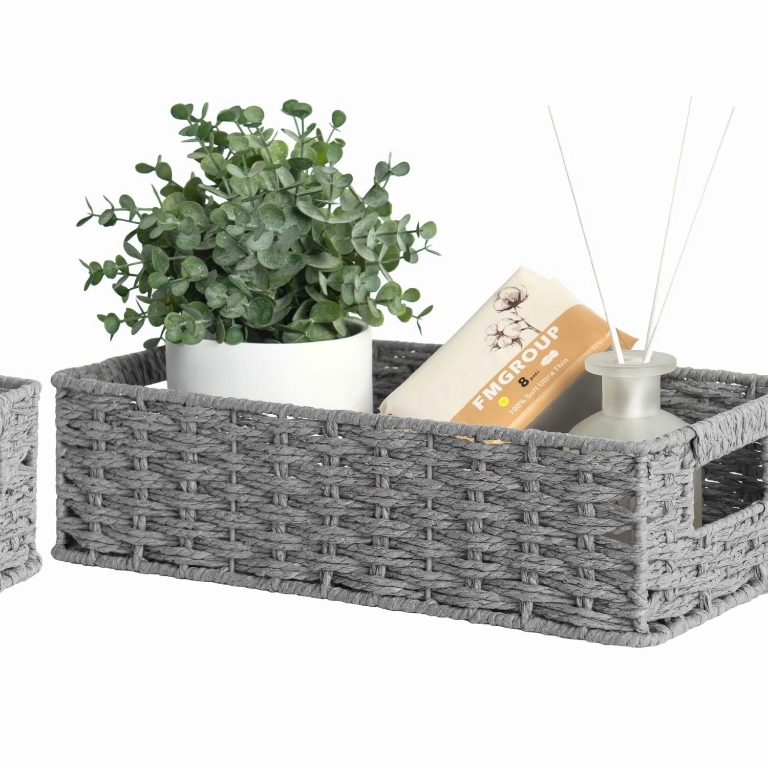 Grey Round Paper Rope Bathroom Basket - Small Organizing Basket with ...