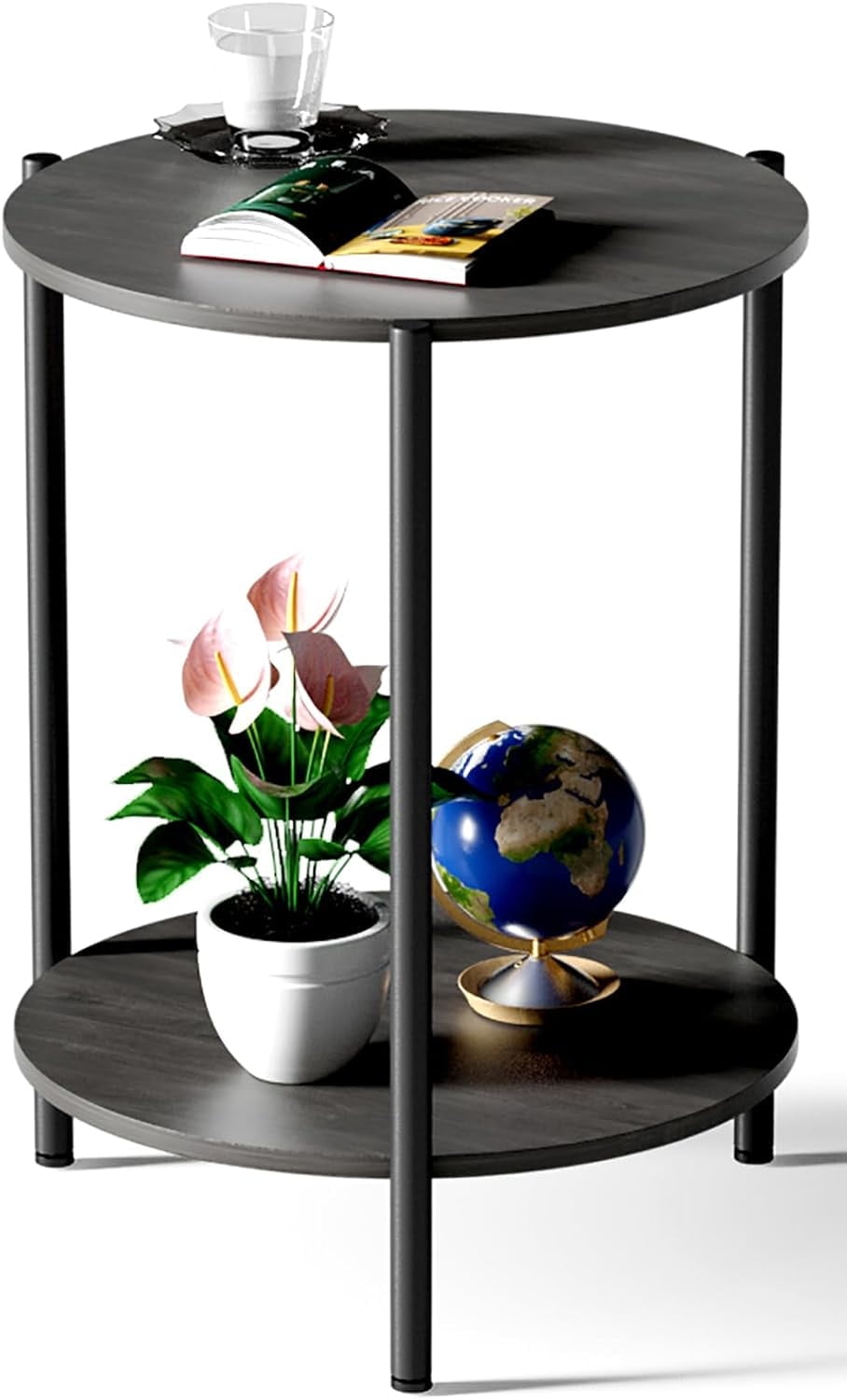 Grey Round Side Table – 15.75" Rustic 2-Tier Wood End Table with ...