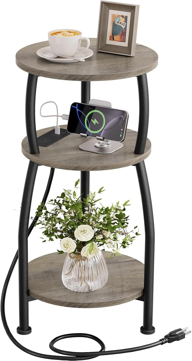 Grey Round Side Table with Power Outlet & USB Ports, 3-Tier End Table ...
