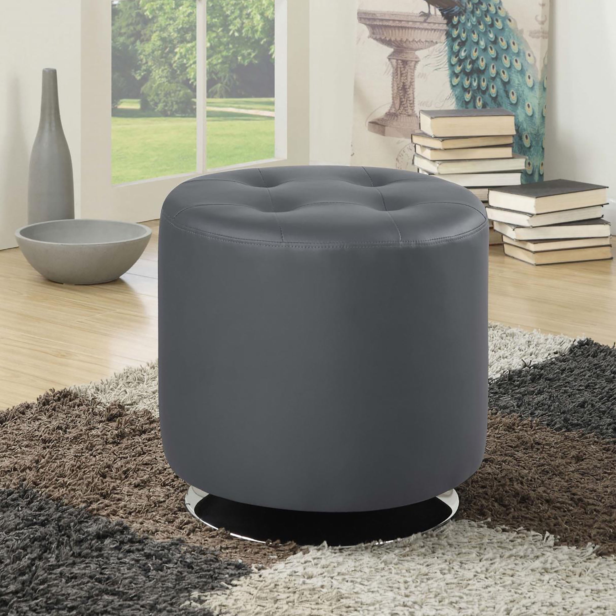 Grey Round Tufted Ottoman with Chrome Swivel Base - Modern Footrest for ...