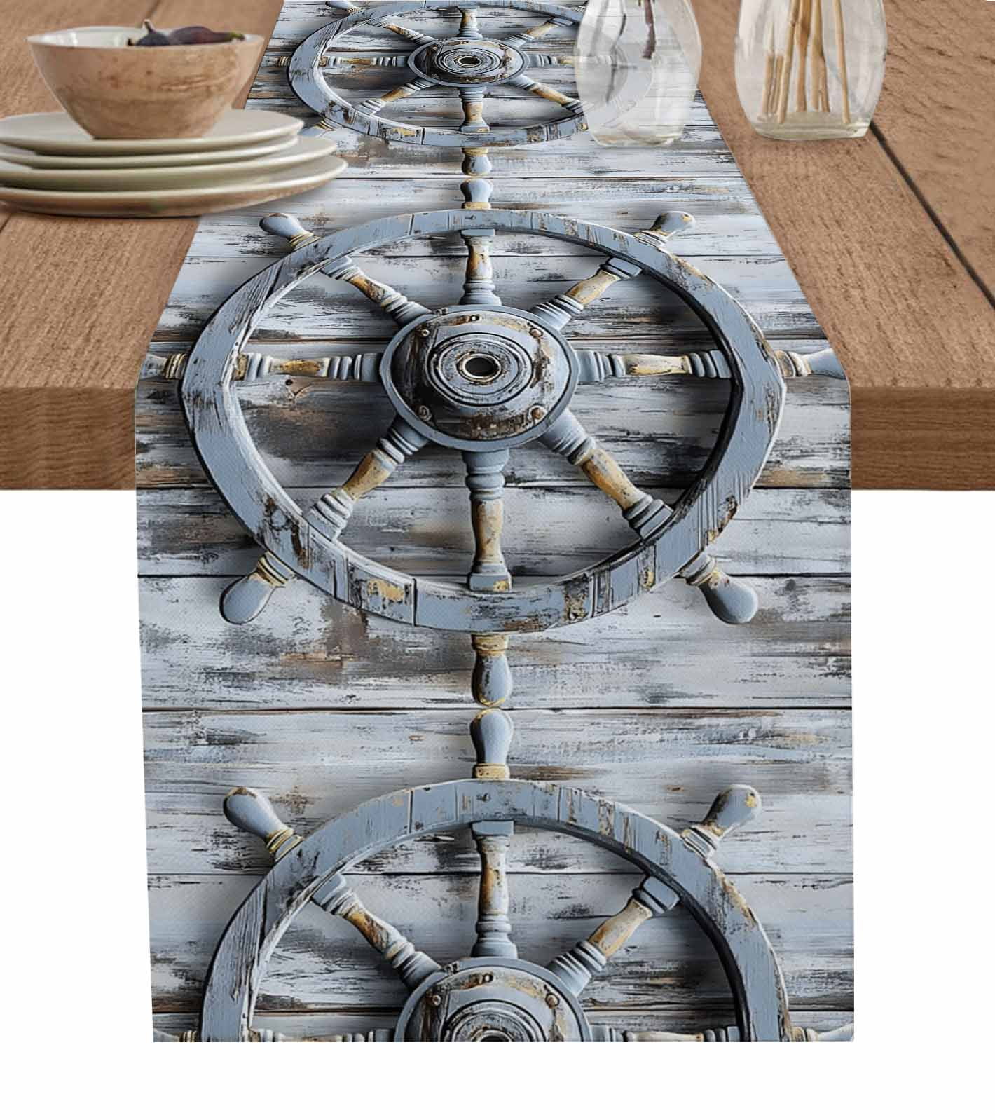 Grey Rudder Coastal Table Runner 90 Inches, Summer Beach Retro Ocean ...