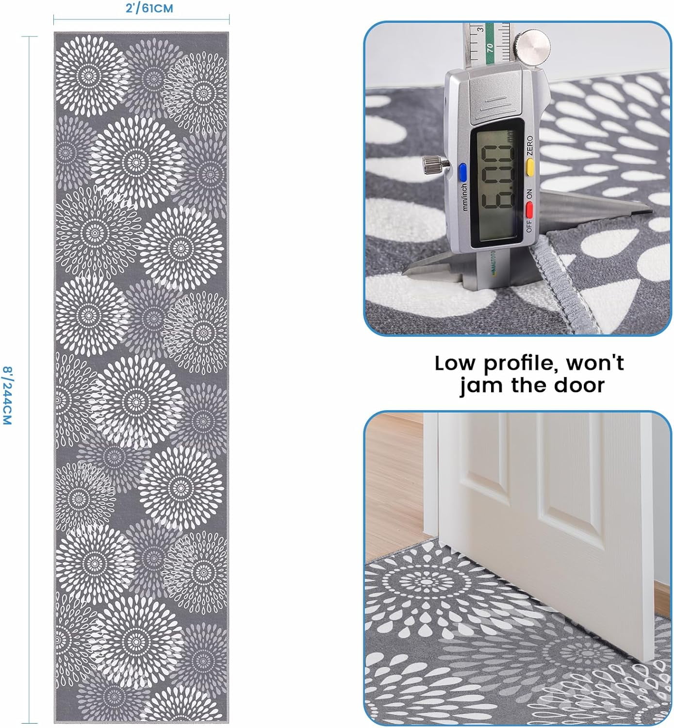 Grey Runner Rug 2 X 8 Ft, Washable Rugs, Hallway Runner, Kitchen Non ...