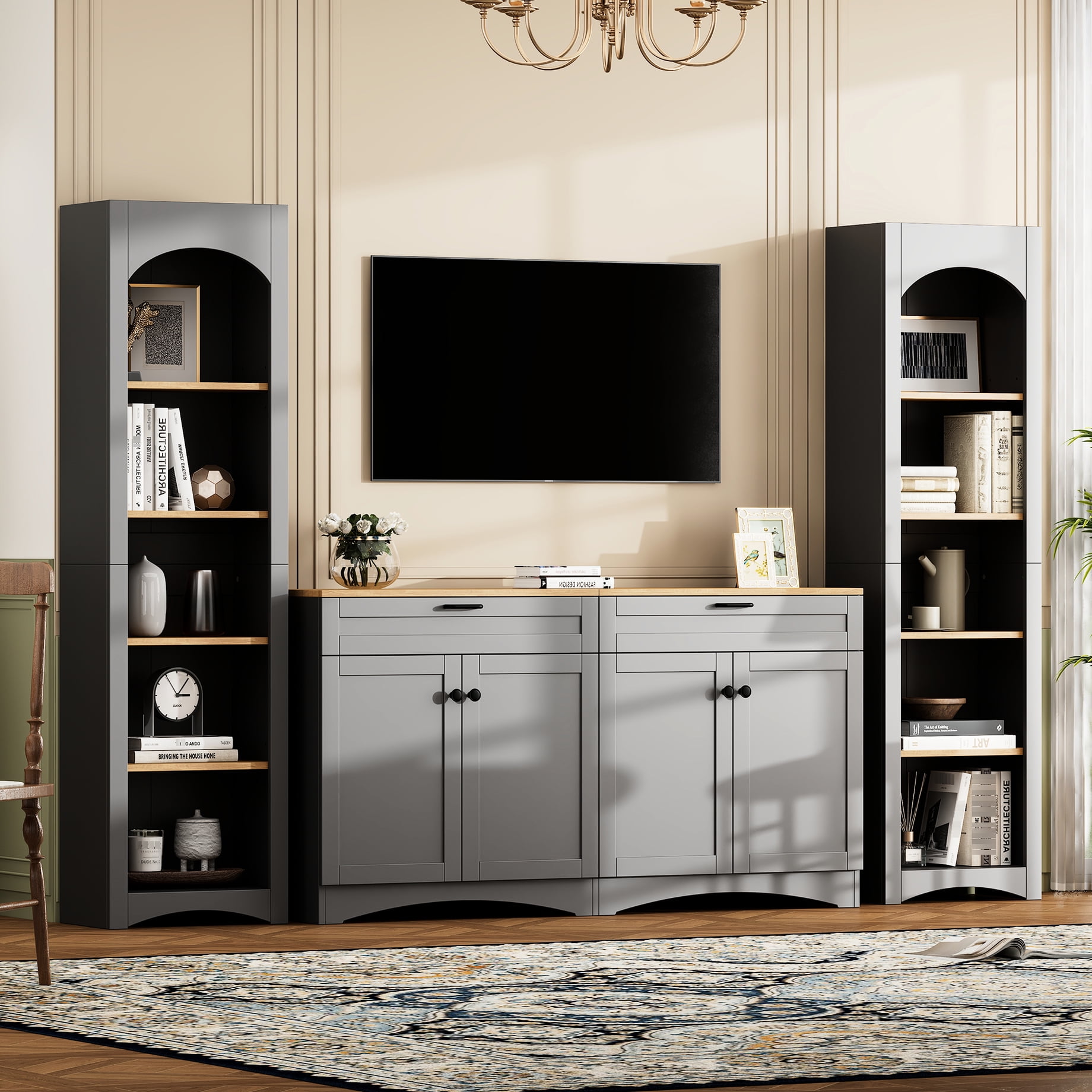 Grey Rustic Tv Stand With Adjustable Shelves And Storage, Mid-century ...