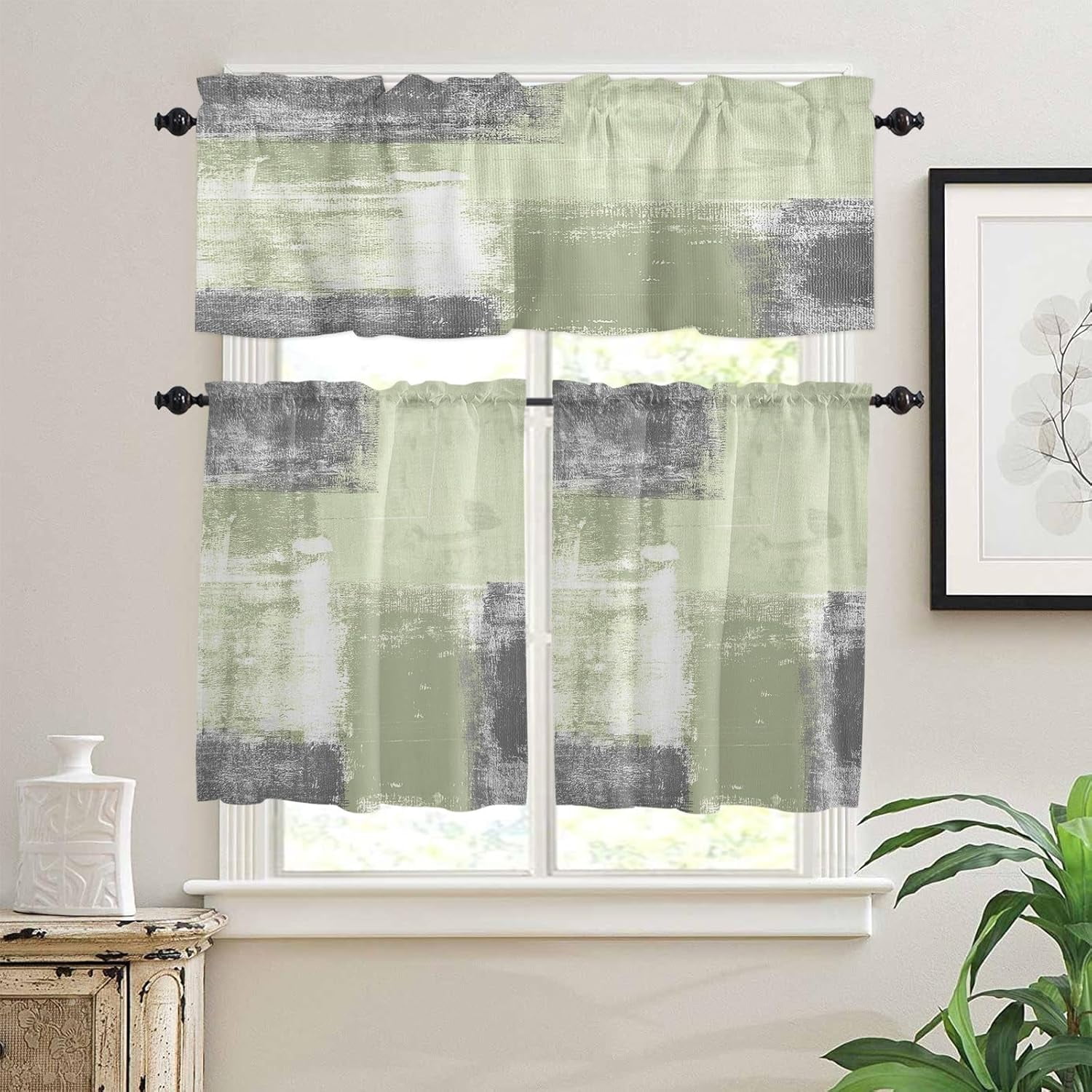 Grey Sage Green Kitchen Curtains and Valances Set, Farmhouse Cafe ...