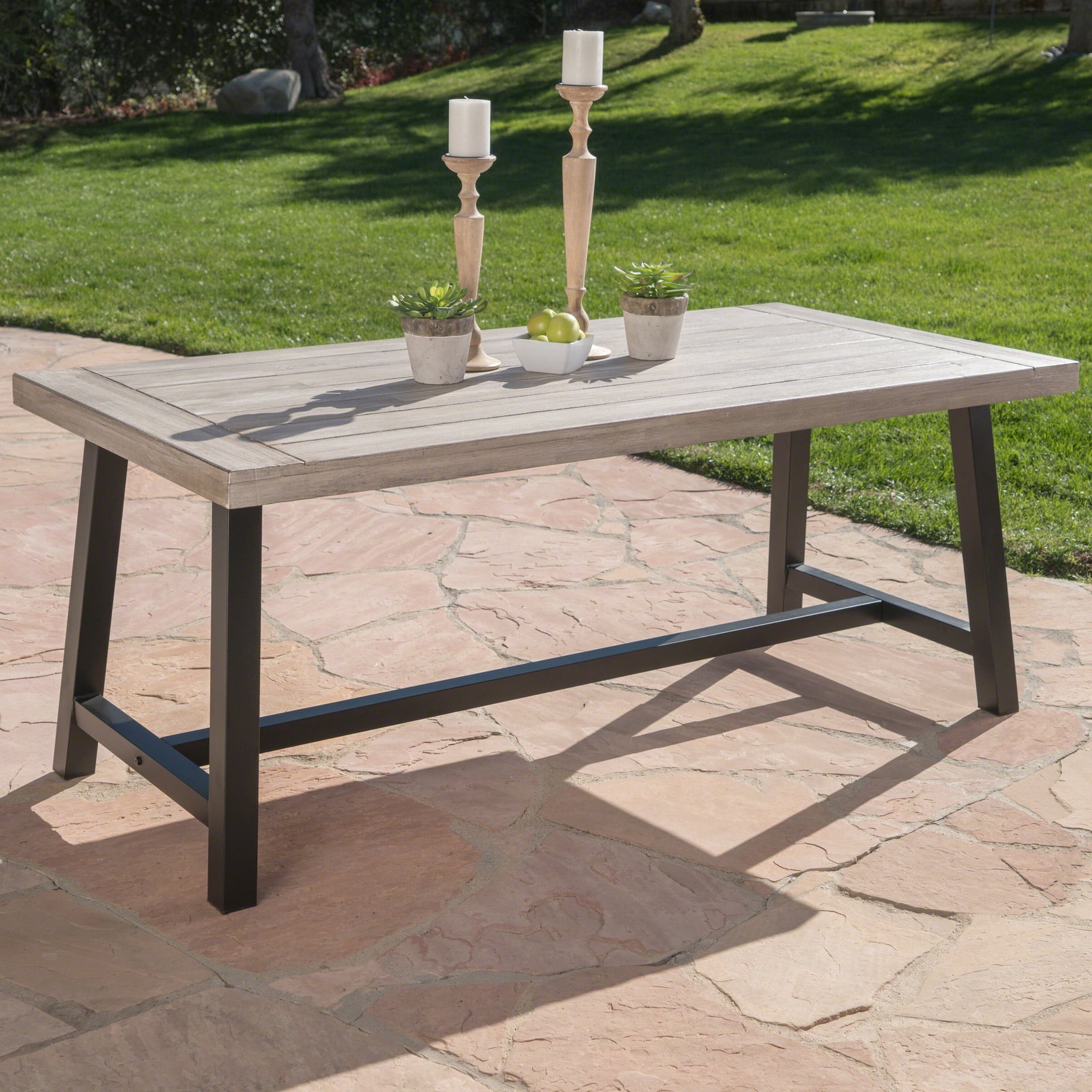 Grey Sandblast Finish Wood Table With Black Rustic Metal Frame For ...