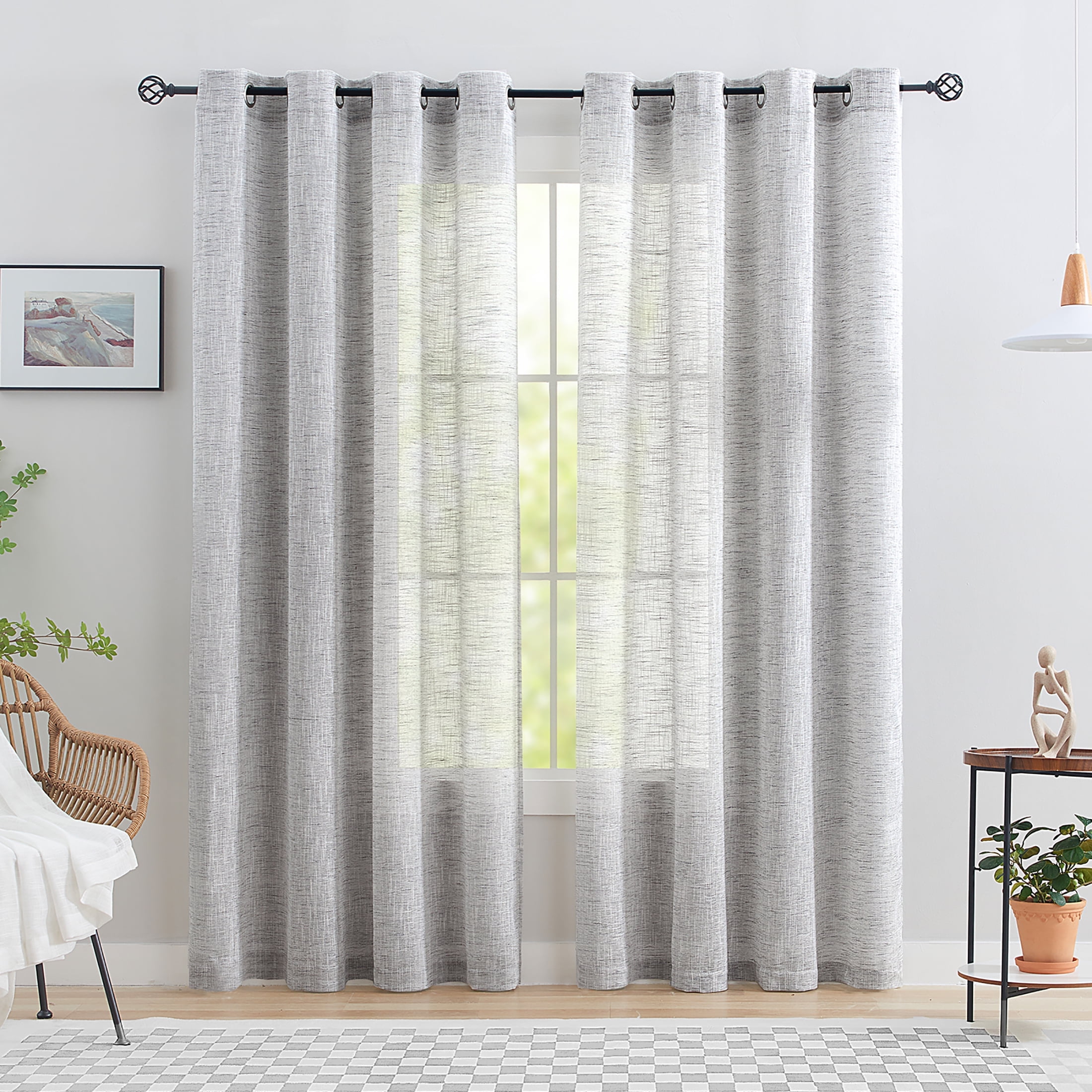 Grey Semi Sheer Linen Curtains Privacy Rustic Drapes Panels, 52"W x 95 ...