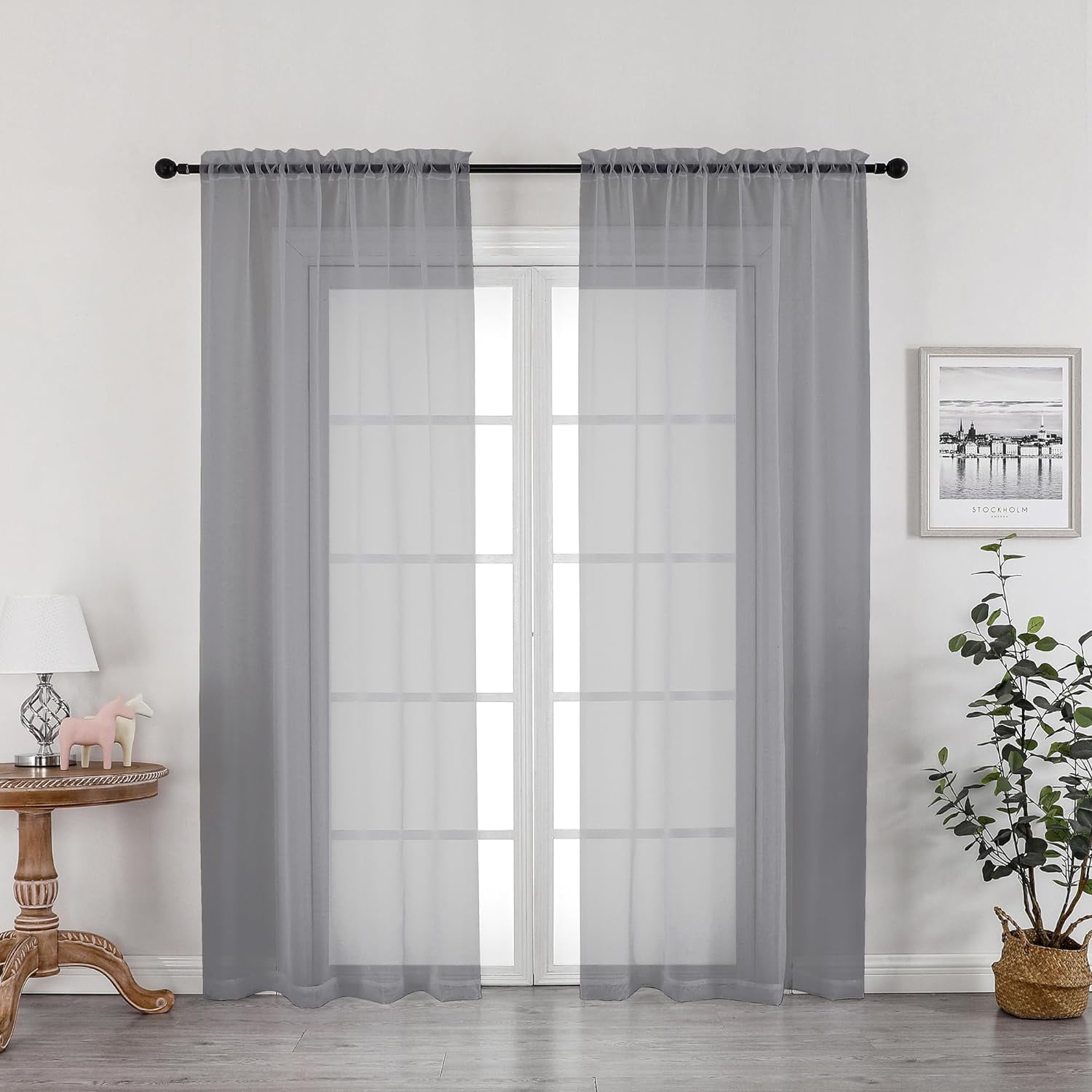 Grey Sheer Curtains 72 Inches Long 2 Panels, Transparent Voile Sheer Curtain Double Rod Pocket ...