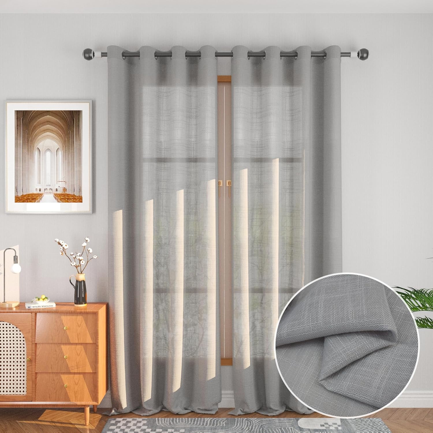 Grey Sheer Curtains 92 Inches Linen Textured Farmhouse Living Room ...