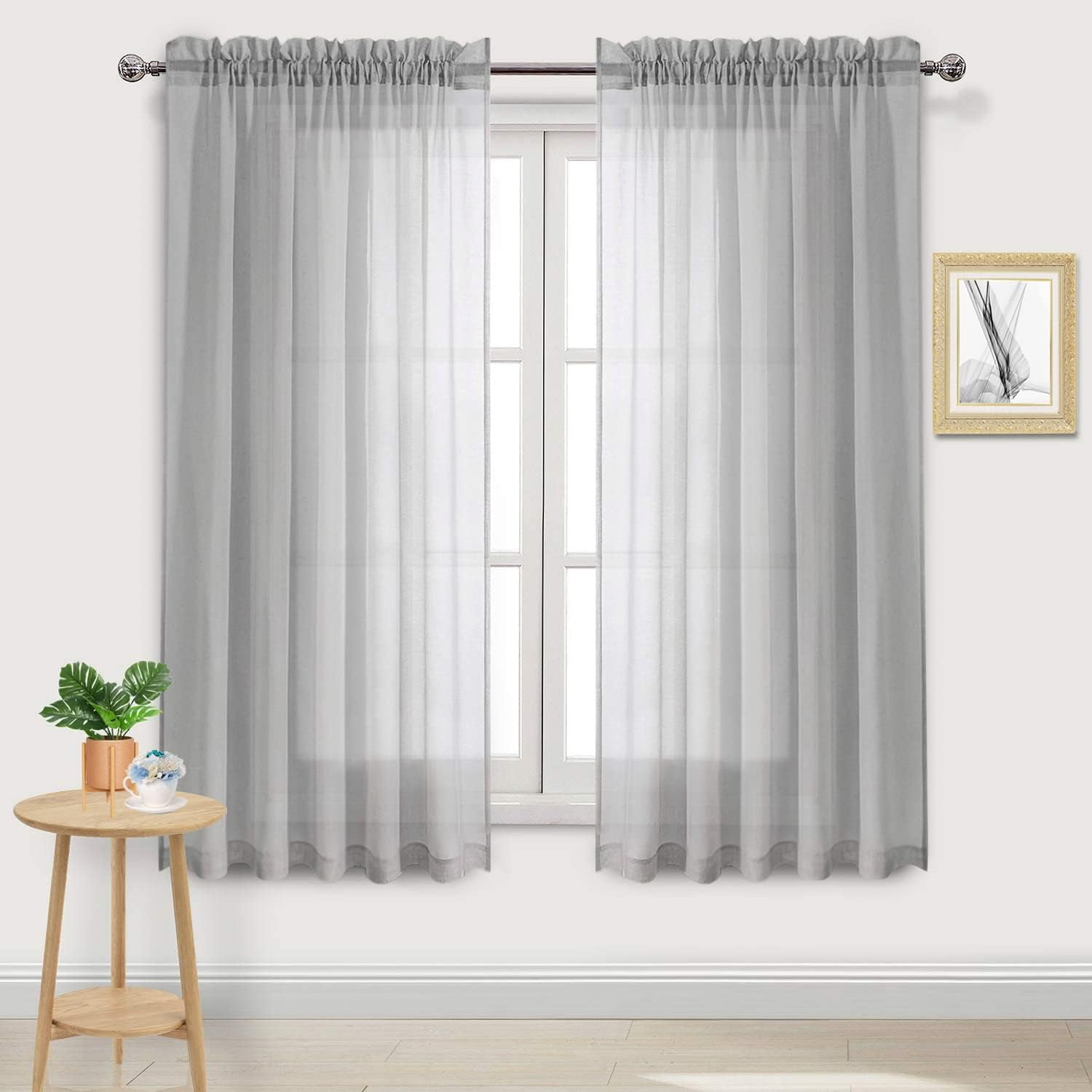 Grey Sheer Curtains Semi Transparent Voile Rod Pocket Curtains for Bedroom and Living Room, 60 x ...