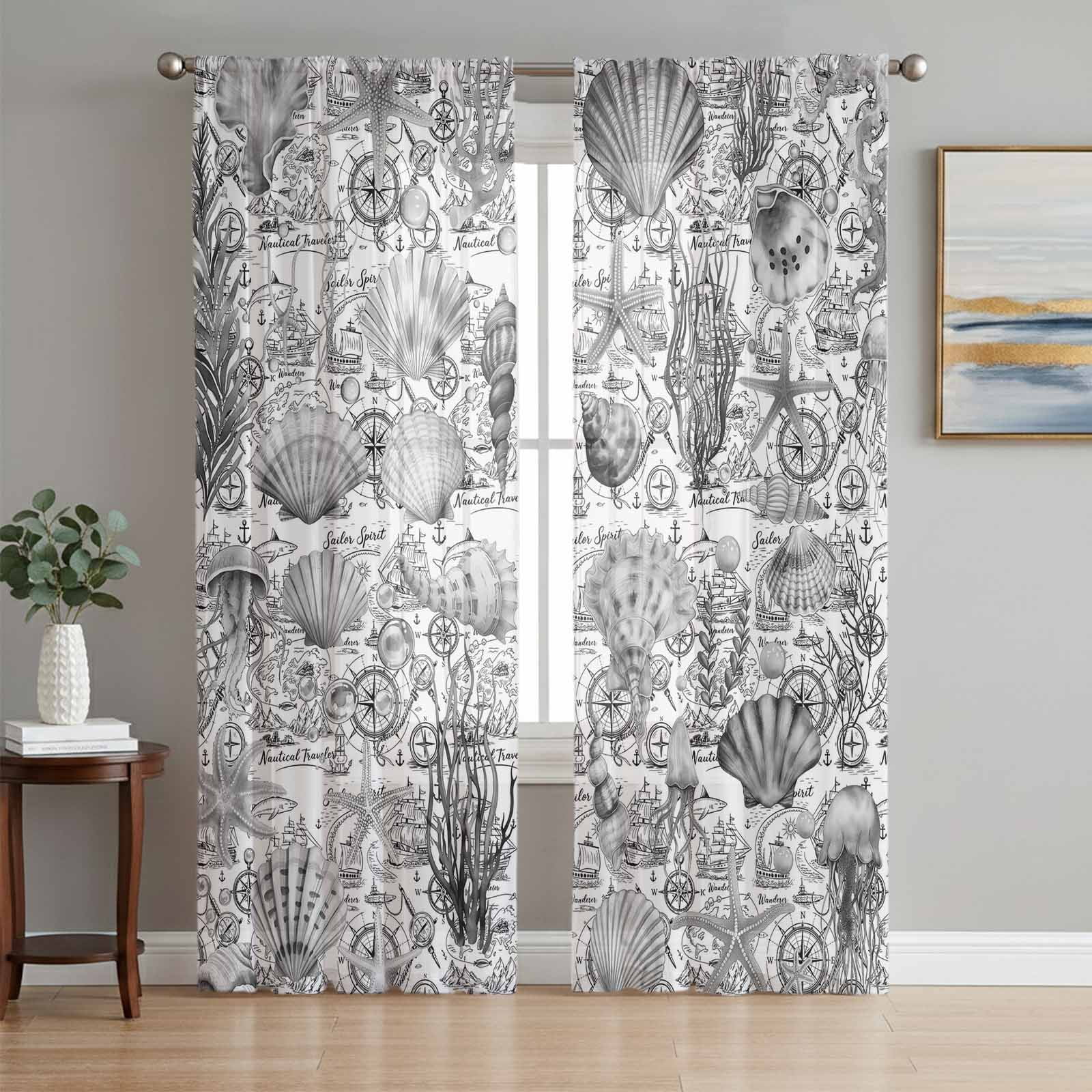 Grey Shell Starfish Coastal Sheer Curtains 84 Inch Length 2 Panels Set ...