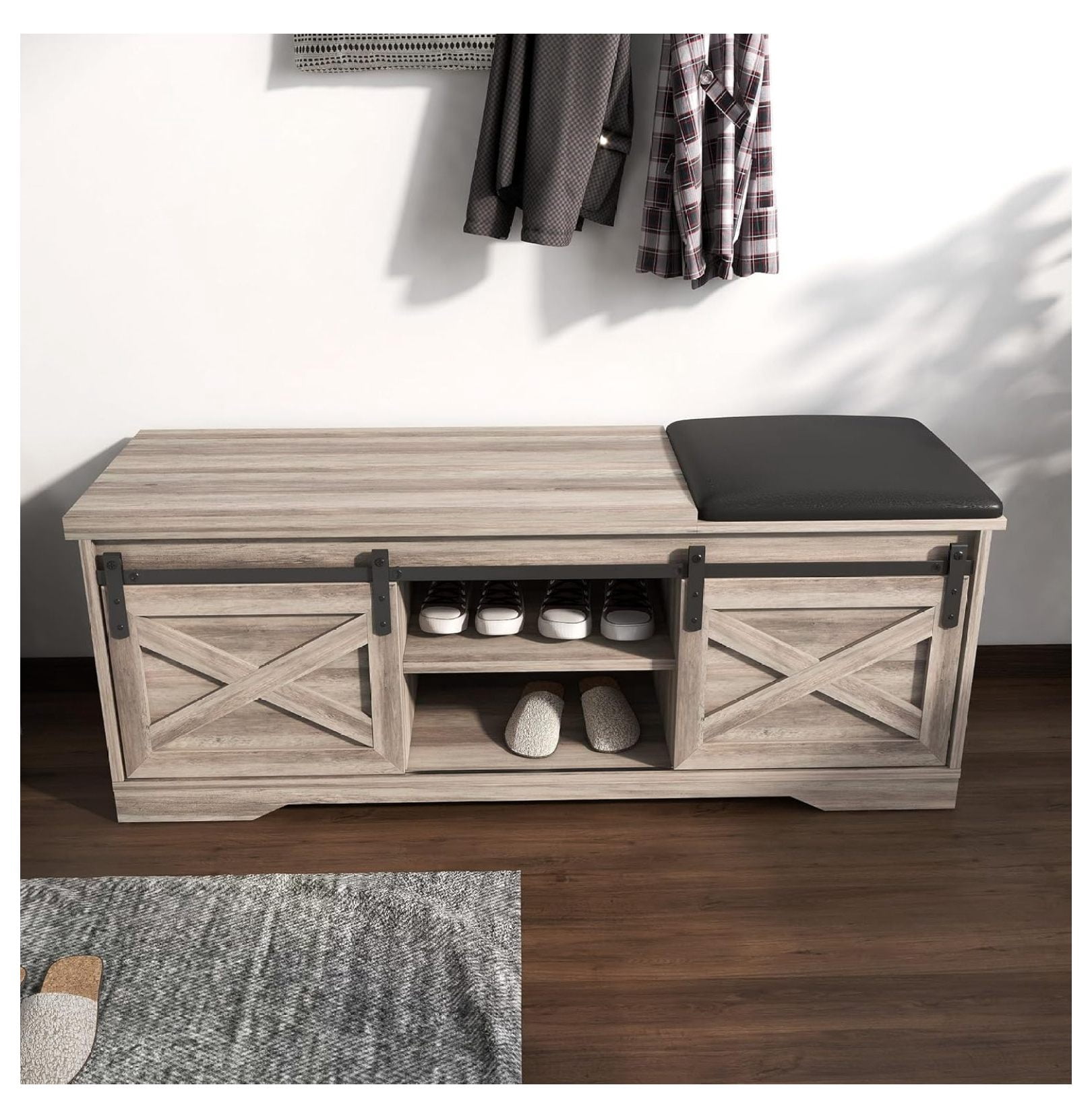 Grey Shoe Bench Entryway with Storage & Cushion, Farmhouse Entryway ...