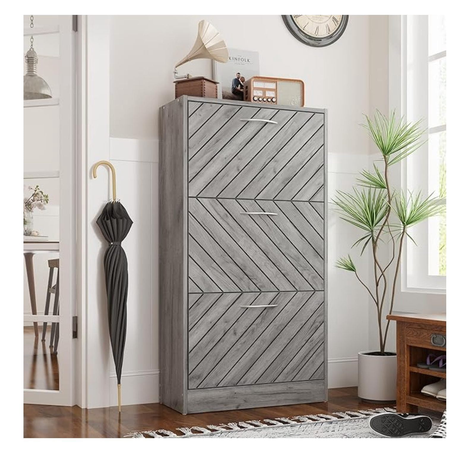 Grey Shoe Cabinet with 3 Drawers & Shutter Doors, Modern Shoe Rack ...