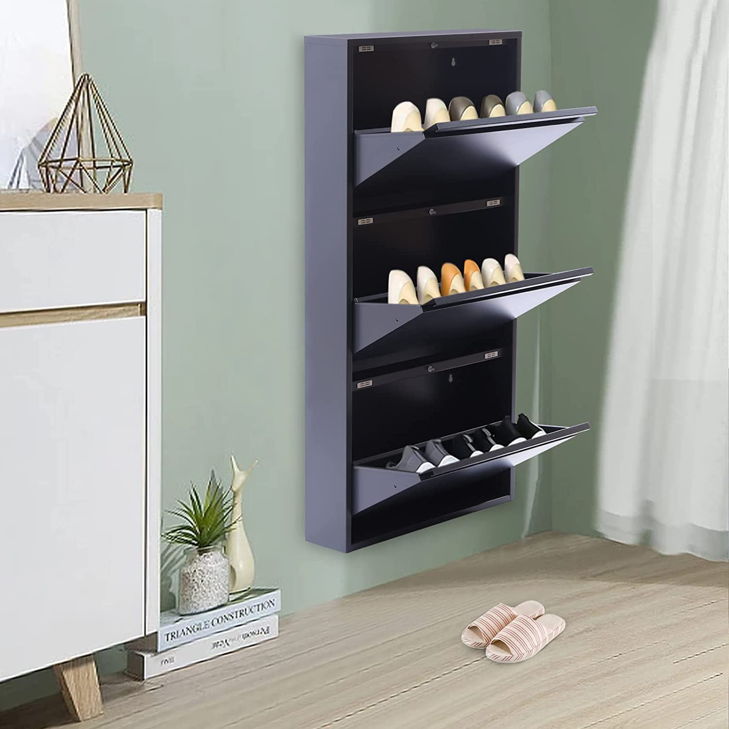 Grey Shoe Cabinet with 3 Flip Drawers, Shoe Storage Cabinet Wall ...