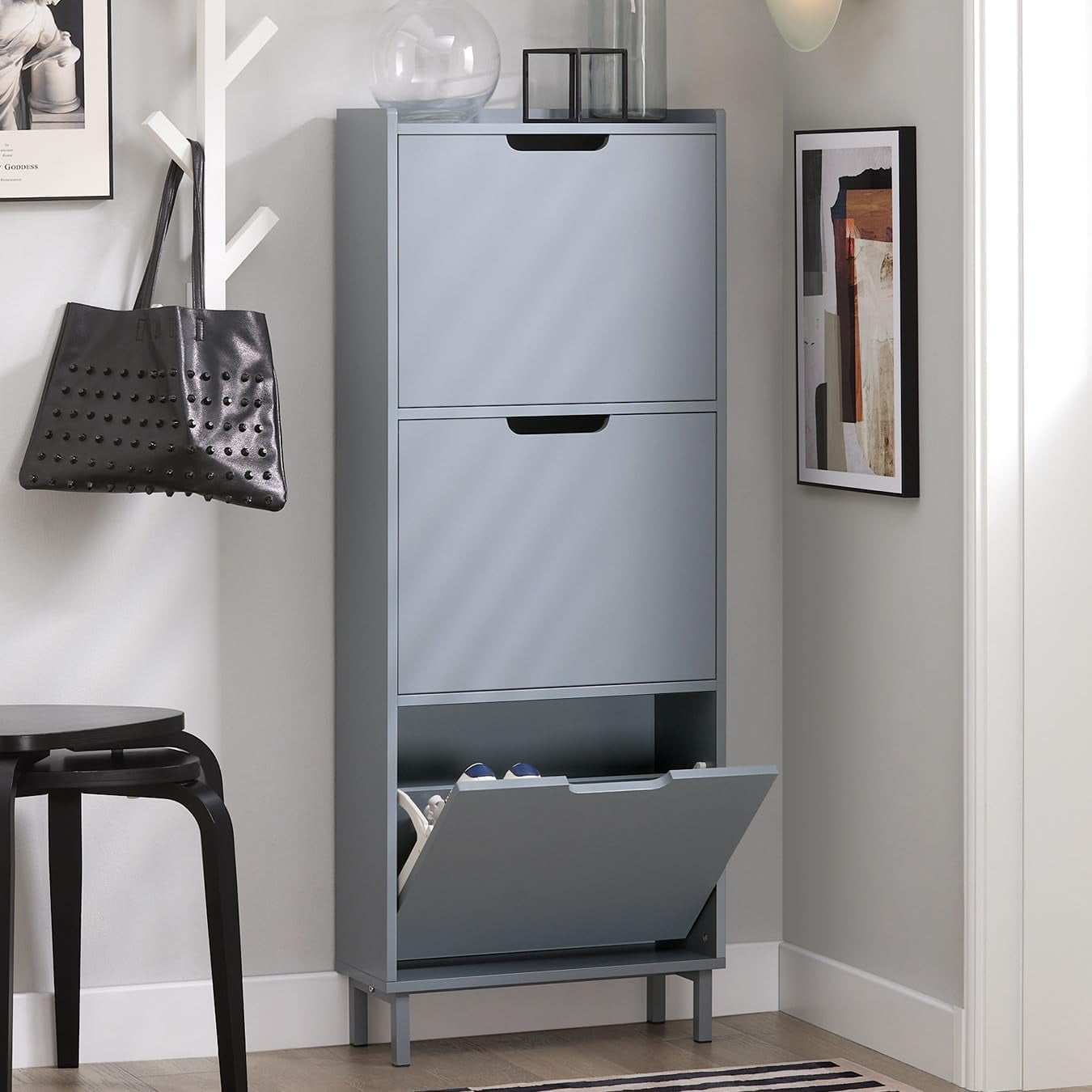 Grey Shoe Cabinet Entryway with 3 Flip-Drawers, Narrow Storage ...